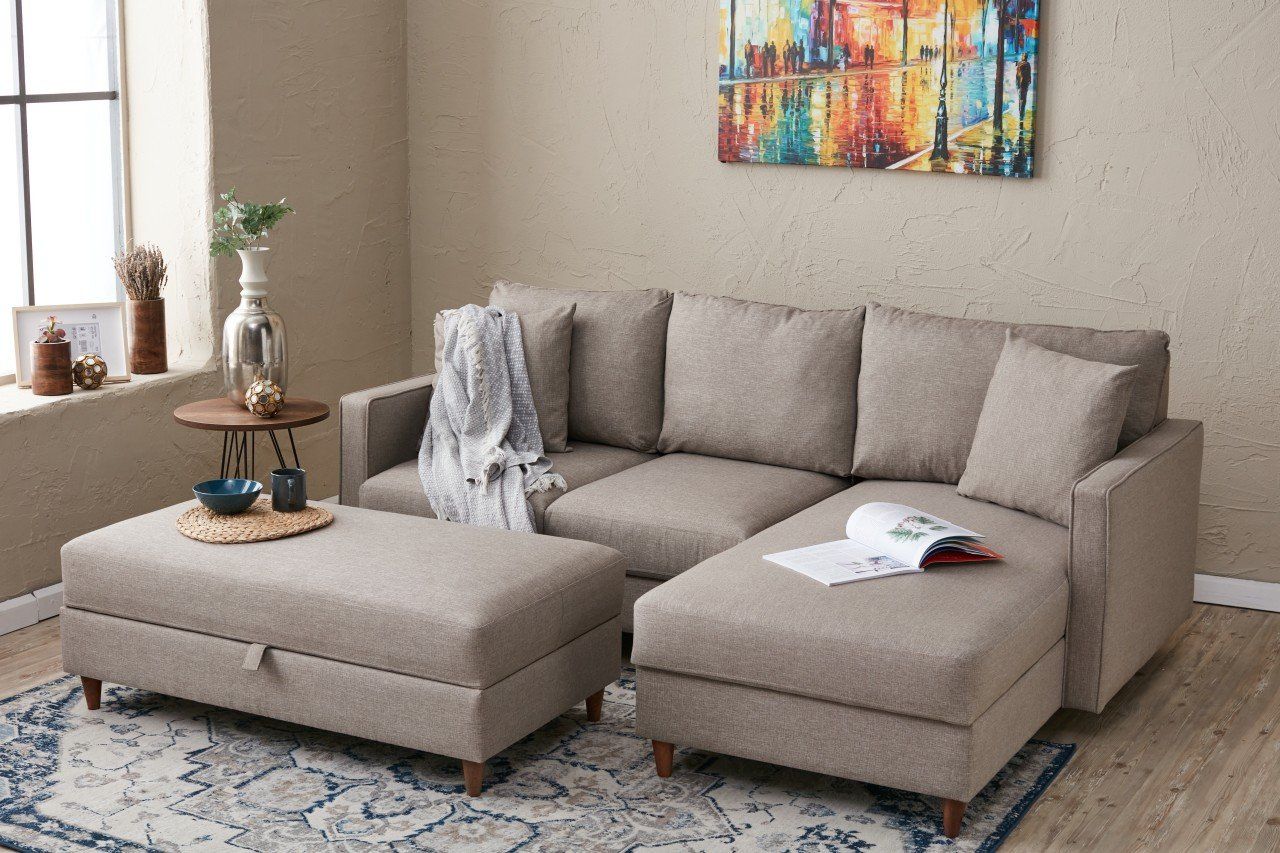 Sofá esquinero convertible con cómoda Melano tela beige claro 210 cm ...