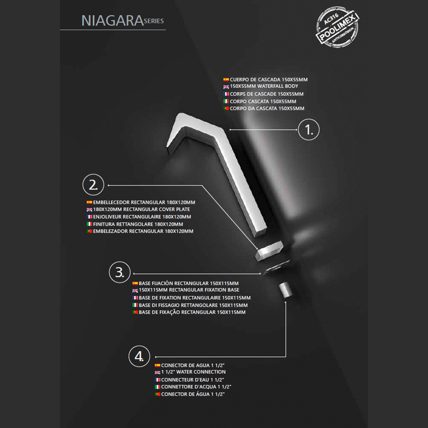 Imex Niagara Cascada Piscina 15cm Acero S316 Flujo Continuo Diametro 1 ...