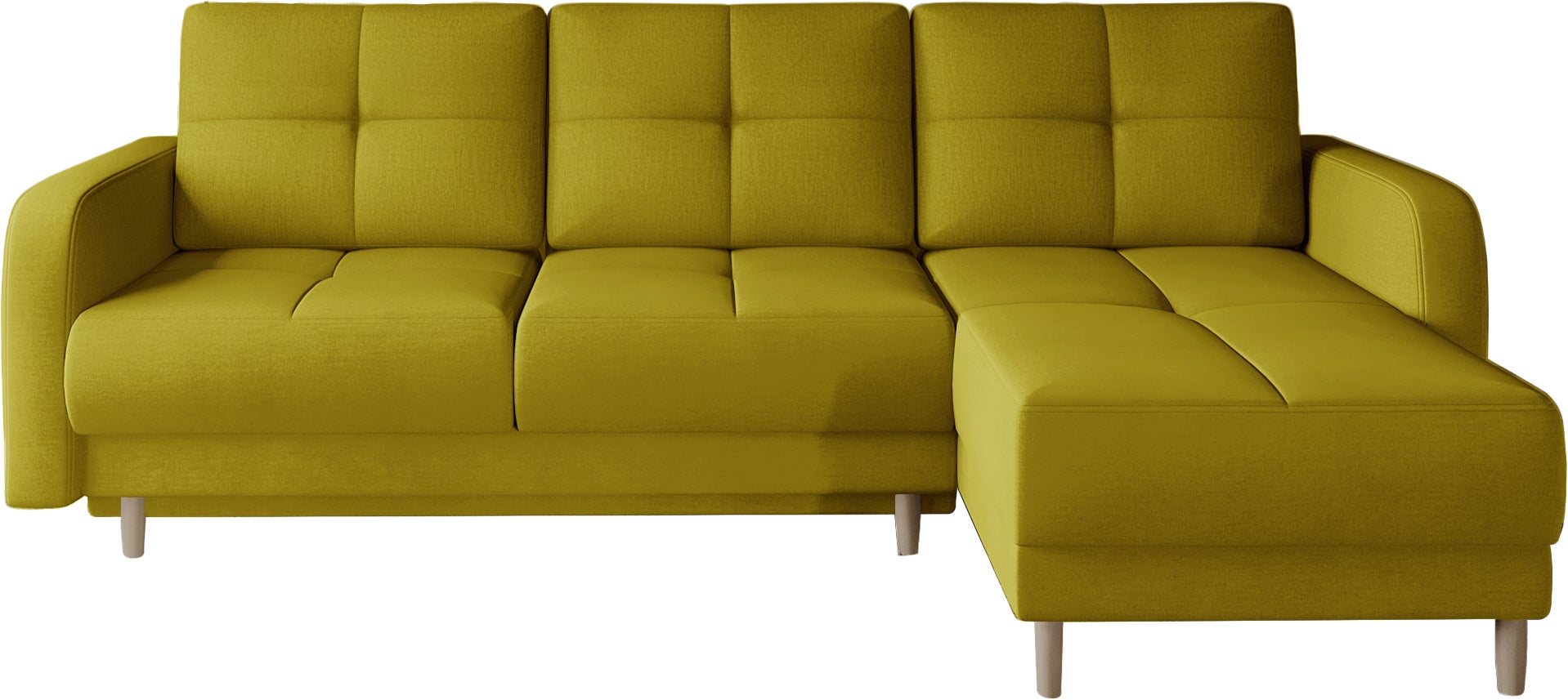 Canapé angle réversible Scandinave tissu doux jaune et pieds bois clair ...