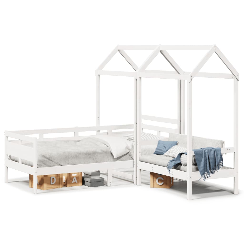 Cama individual | Set de sofá cama y banco con techo madera pino blanco ...