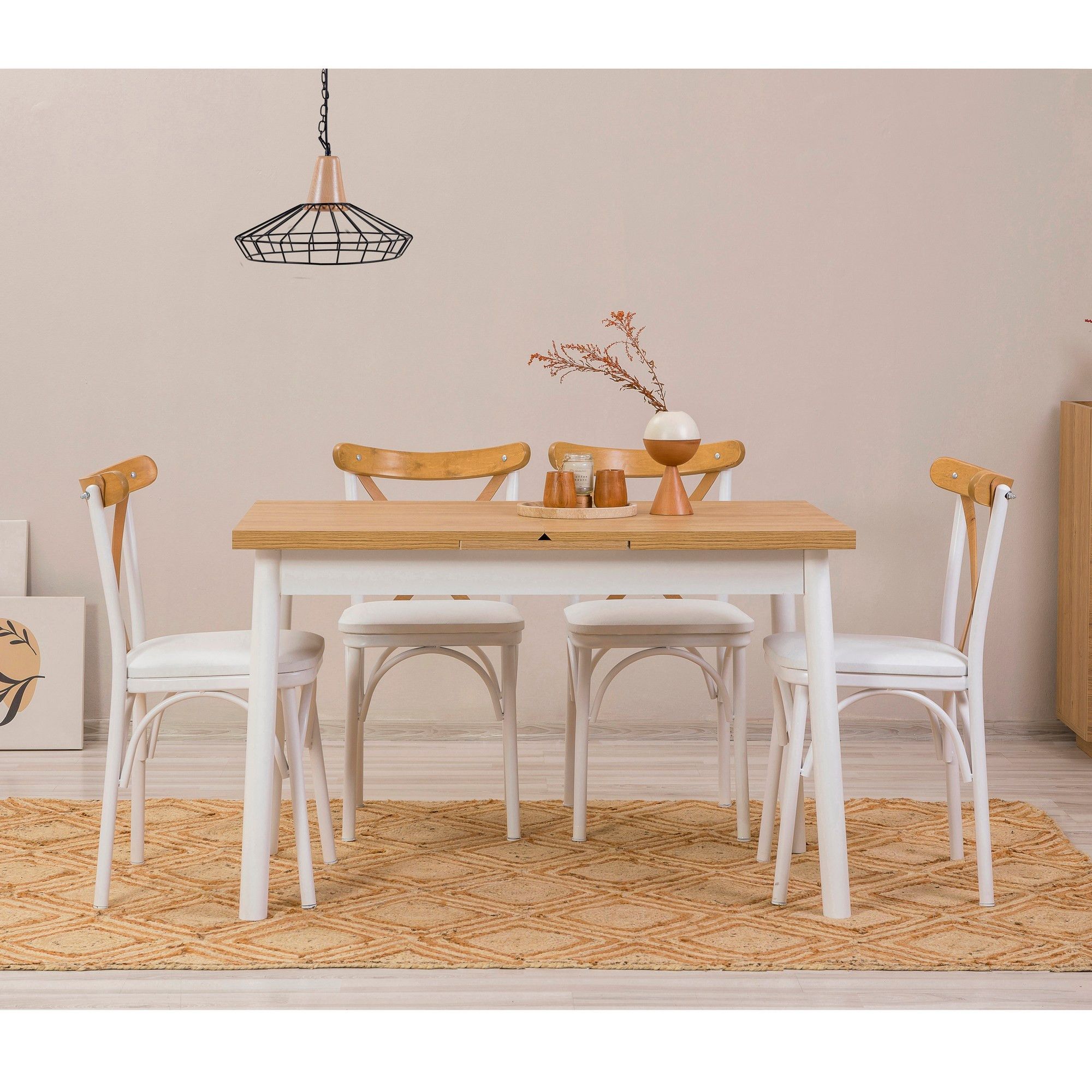 Ensemble 4 chaises et 1 table extensible Iridus Blanc et Bois clair ...