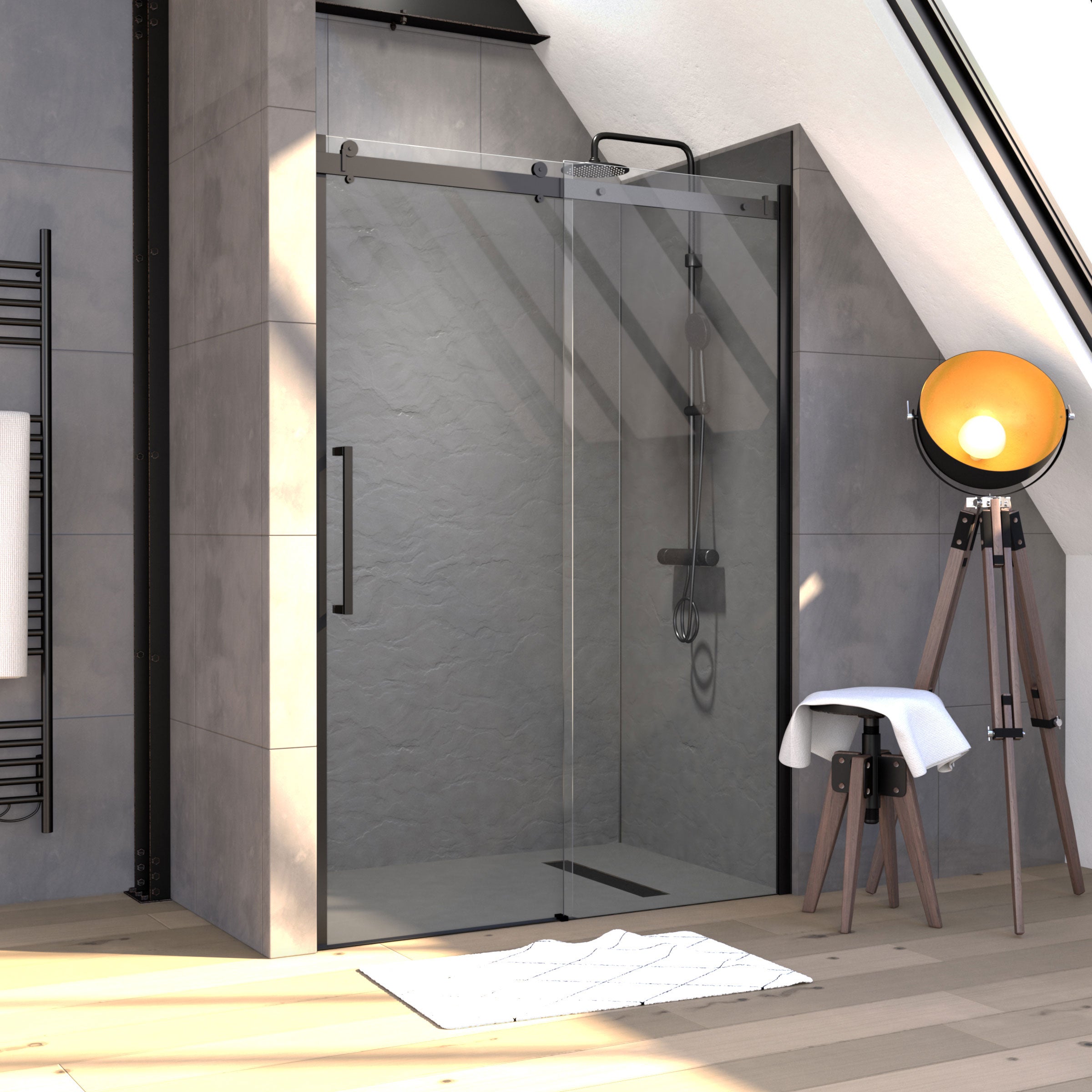 Paroi porte de douche 140x200cm type industriel coulissante NOIR MAT ...