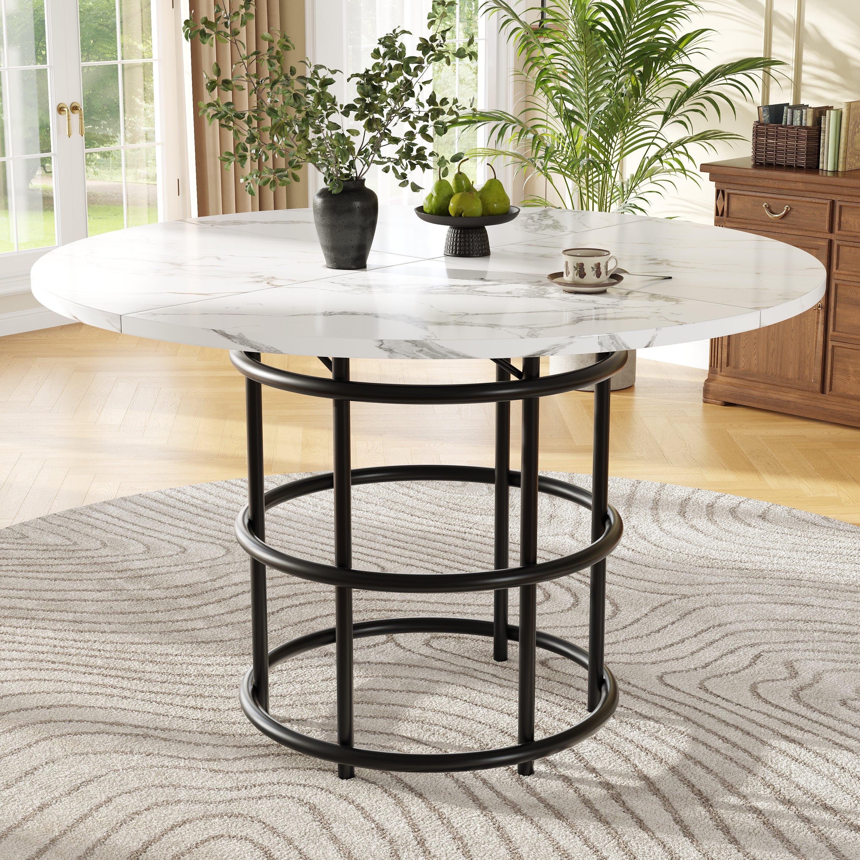 Table ronde 100×100×76cm – Plateau en MDF moucheté, pieds en anneau métallique noir, pour 4 à 6 ...