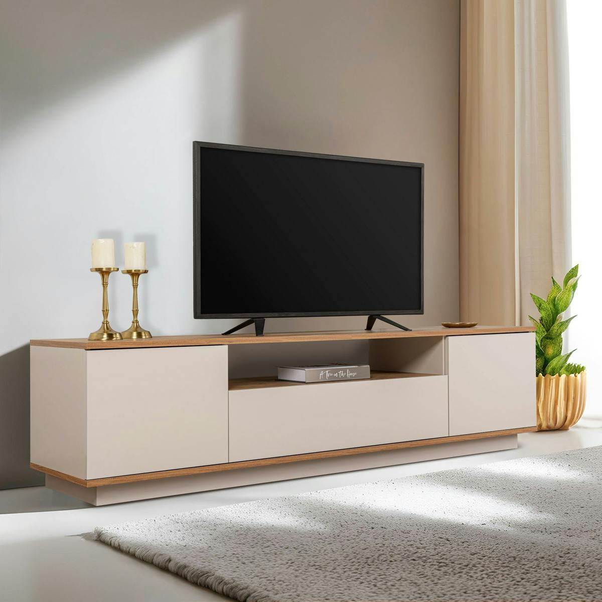 Meuble TV moderne 3 portes beige crème et effet pin MARFA | Leroy Merlin