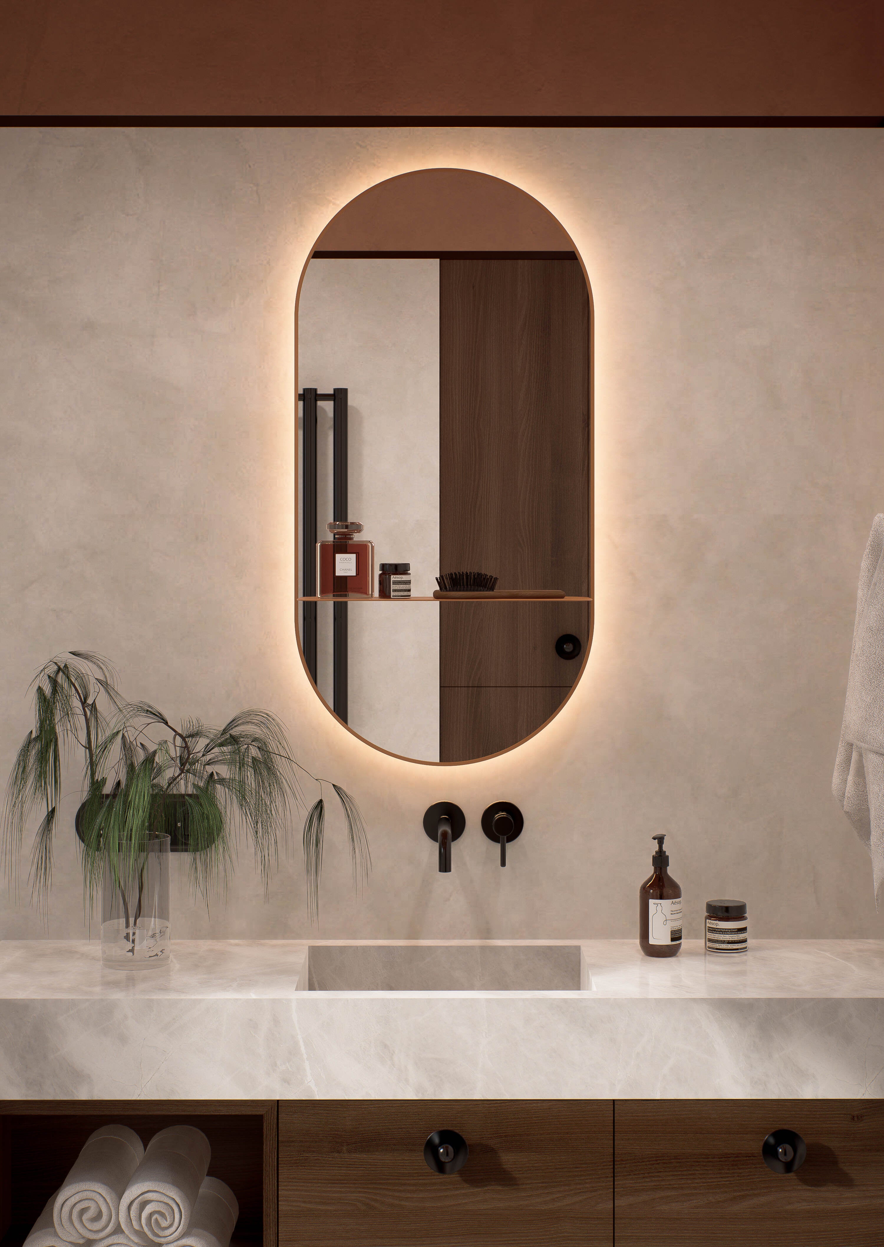 Oval Shelf Backlight Line espejo en el marco con estante recubierto de ...