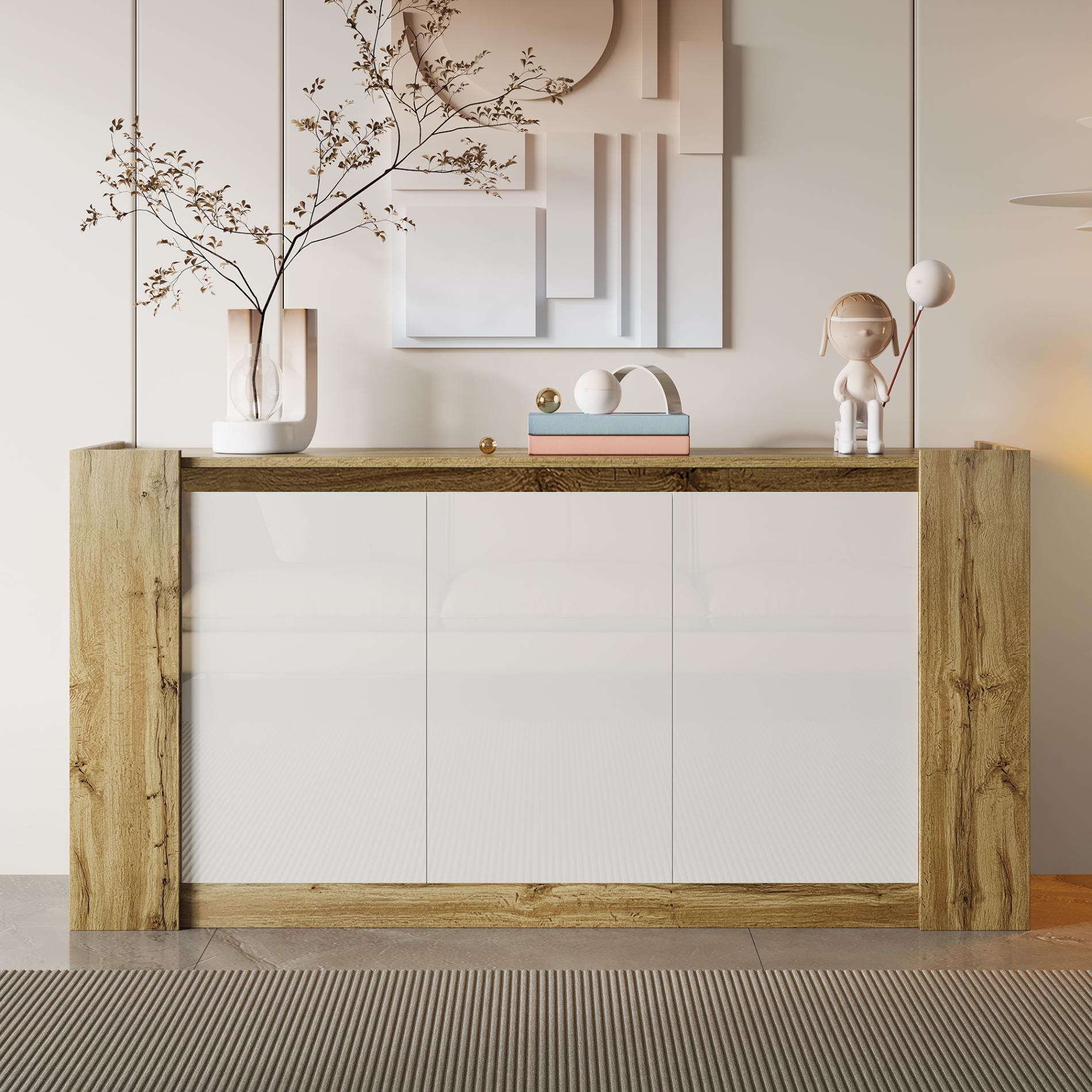 Sideboard Moderno en Alto Brillo Blanco y Madera, Diseño Sin Manijas ...