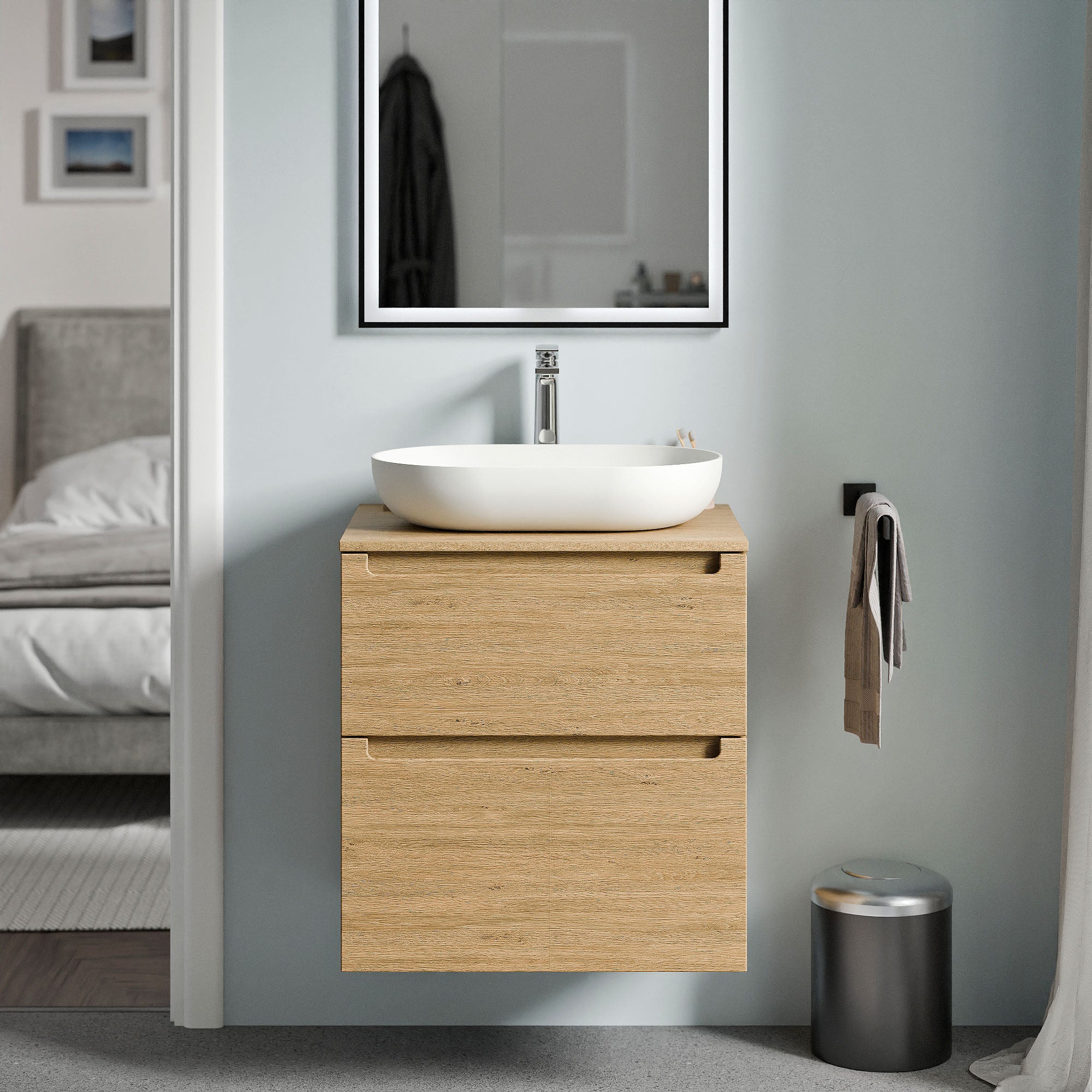 BERNSTEIN - Mueble lavabo suspendido MDF Roble Miel, encimera de lavabo ...