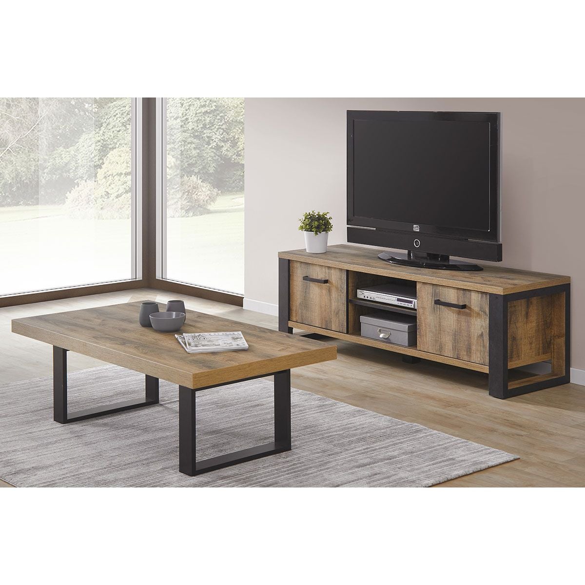 KORA - Ensemble Table Basse + Meuble TV Aspect Bois et Métal | Leroy Merlin