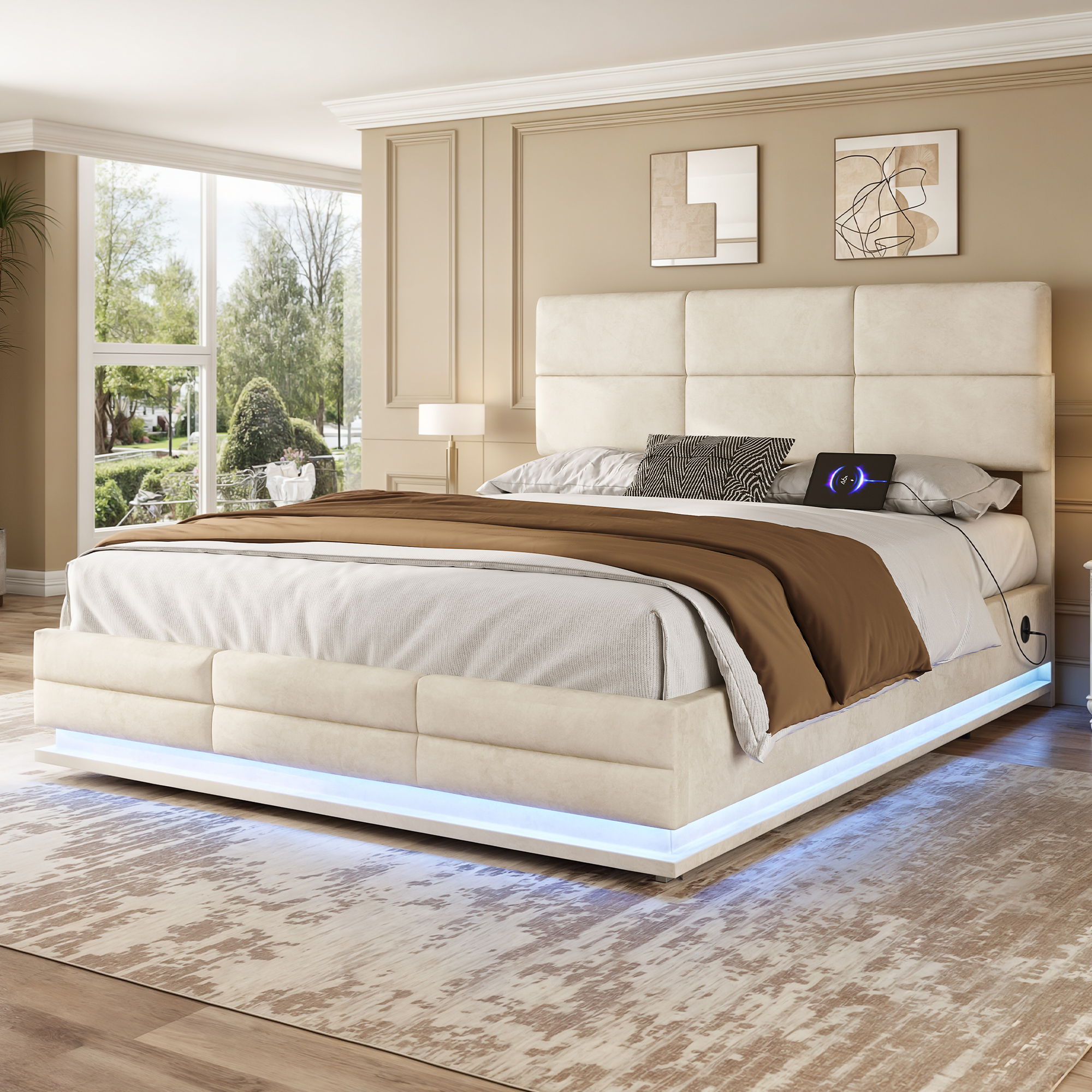 Lit coffre 140 x 200 cm avec tête de lit réglable - Prises USB, Type C ...