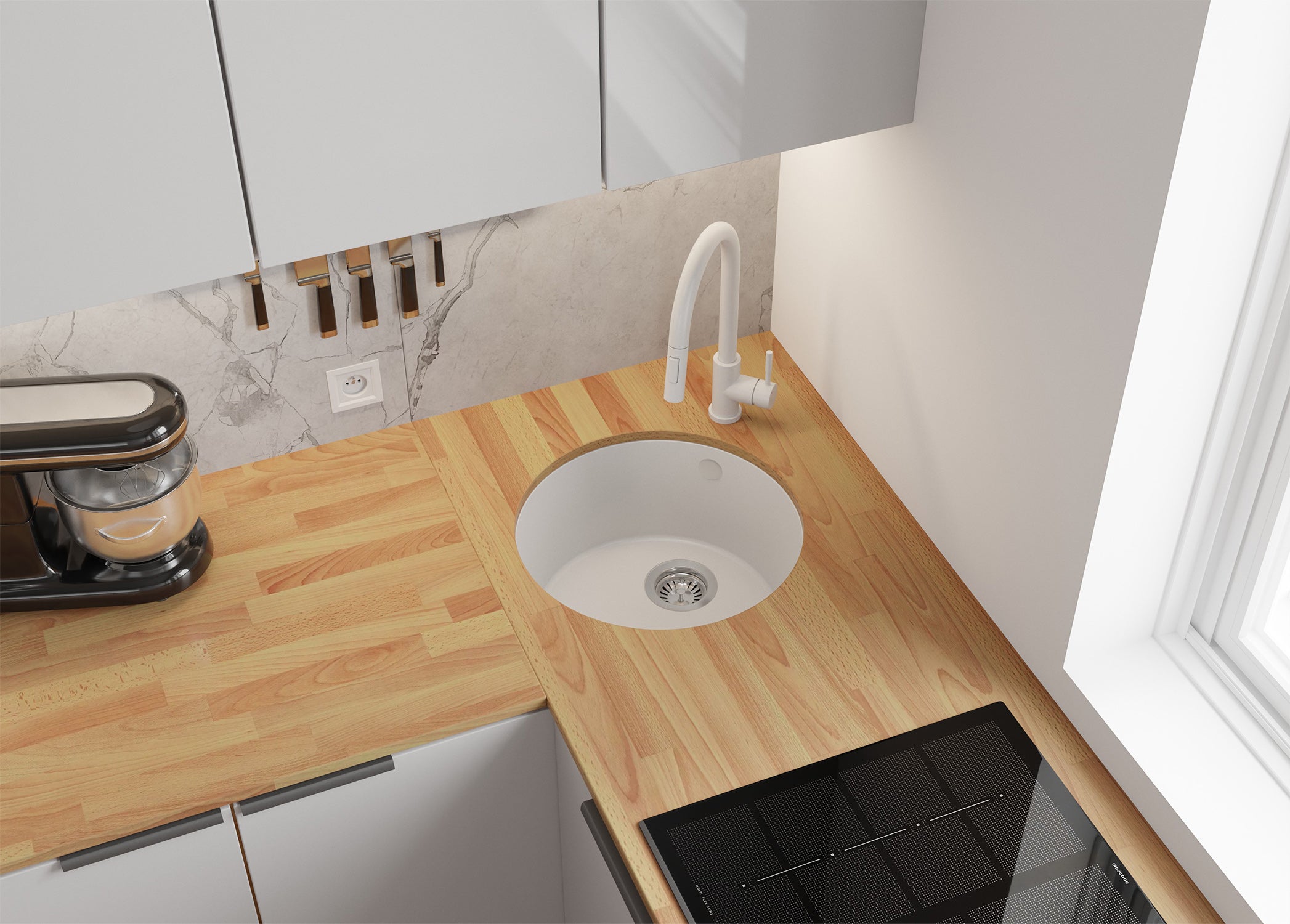 Evier Sous Plan Blanc 46x46cm, Evier en Granit 1 bac + Kit de Vidage ...