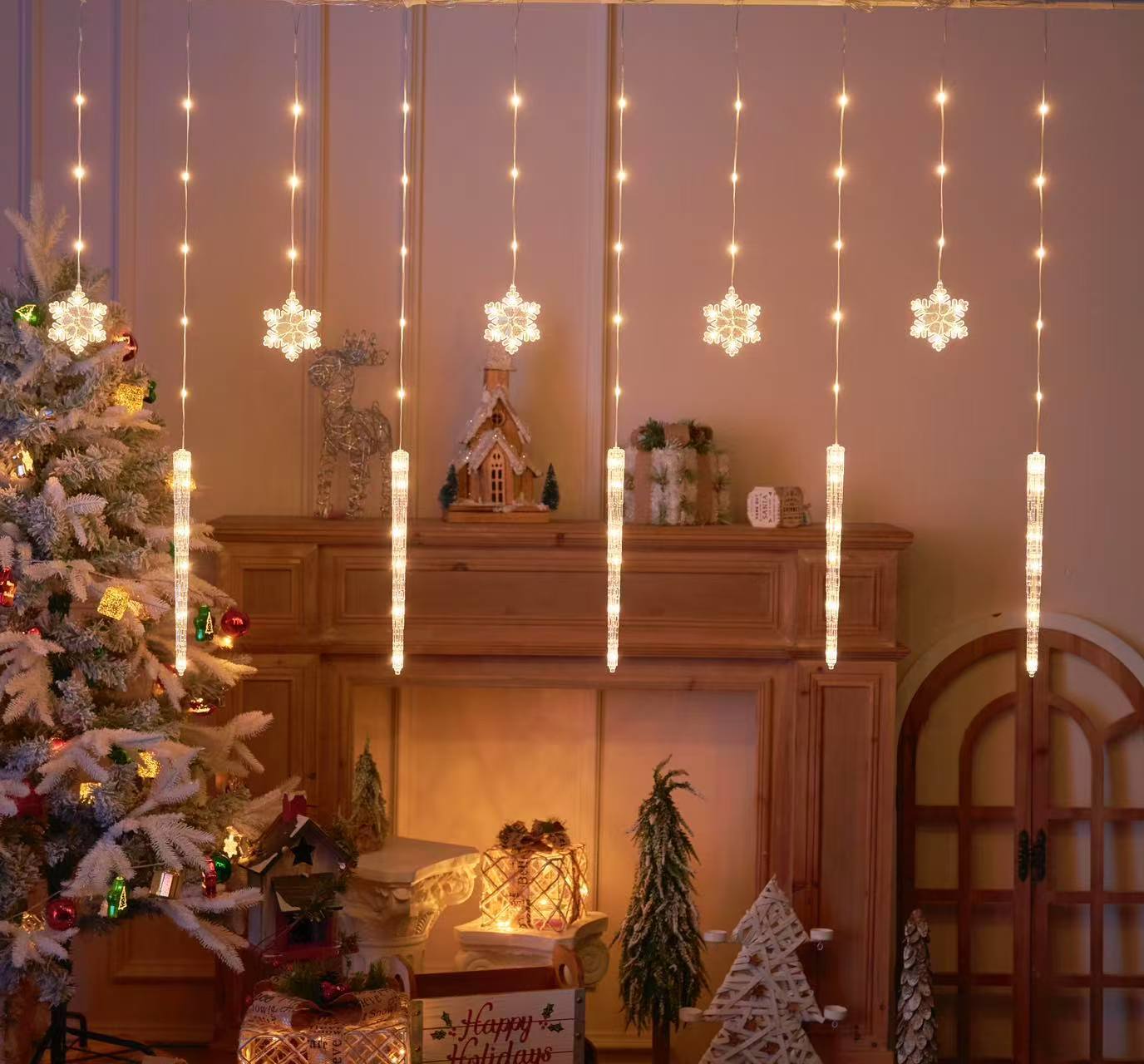 Cortina de luces navideñas con copos de nieve de 3m, cadena de luces ...