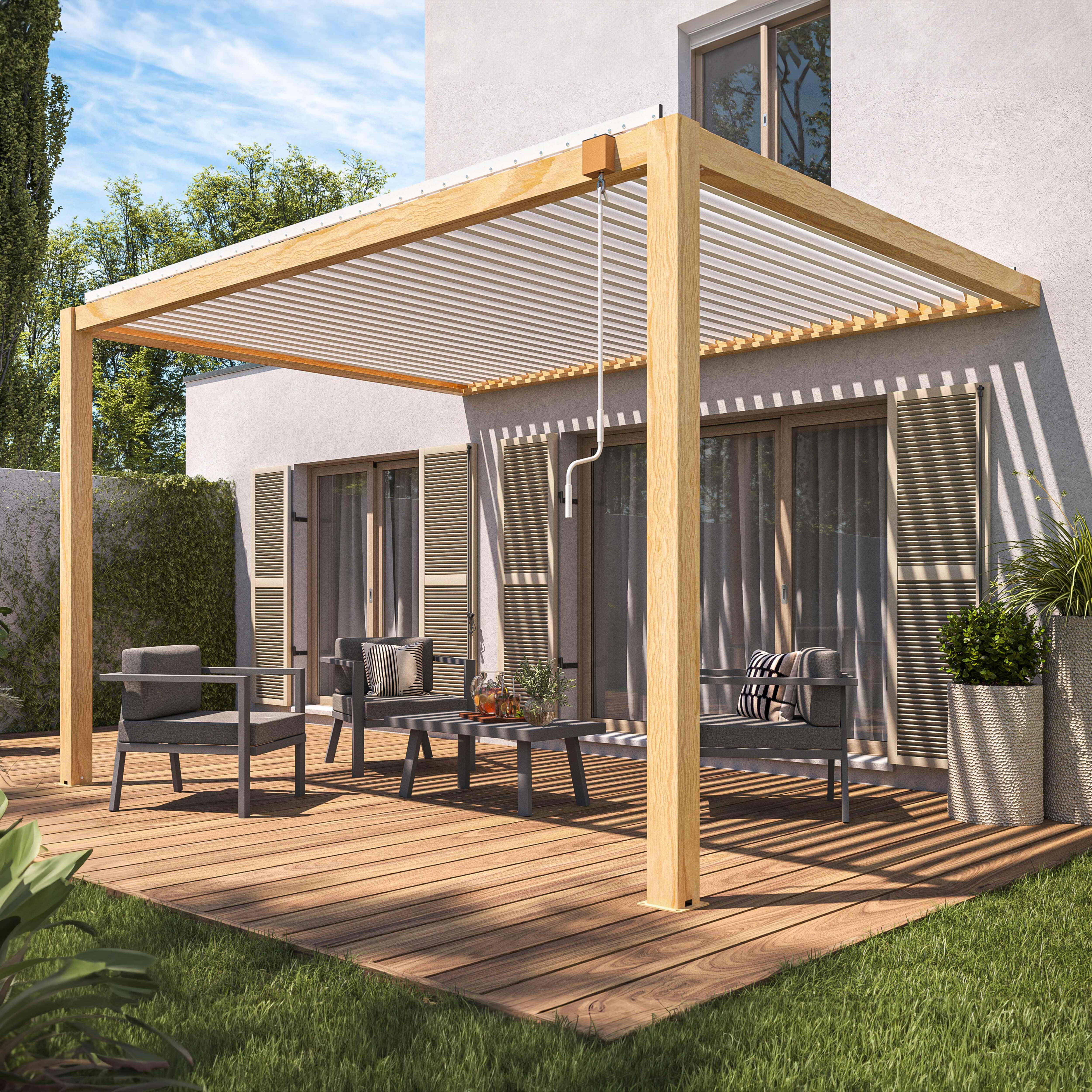 Pergola bioclimatica addossata 3 x 4 m bianco con decoro legno - Oviala ...