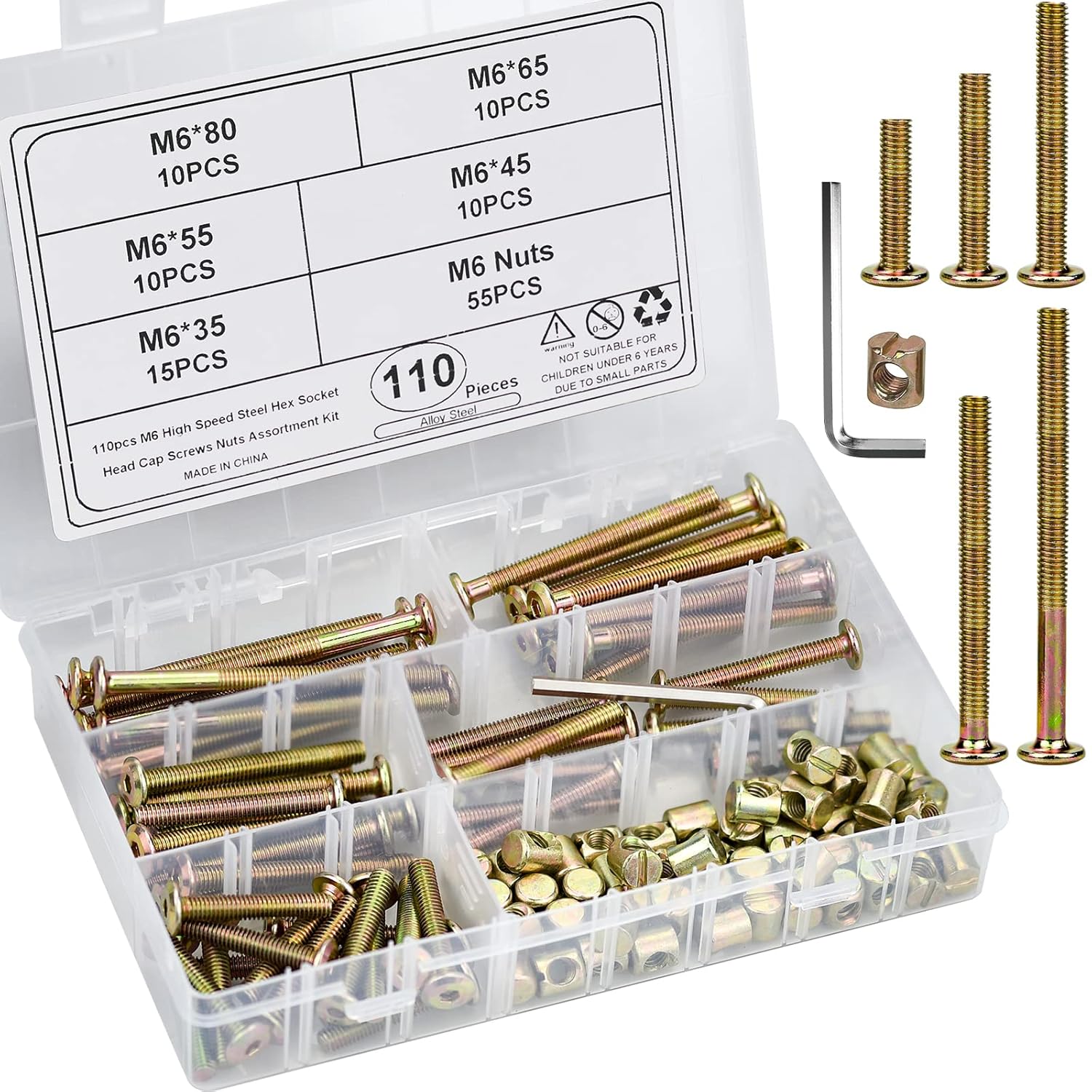Lote de 110 tornillos y tuercas hexagonales M6, kit con llave incluida ...