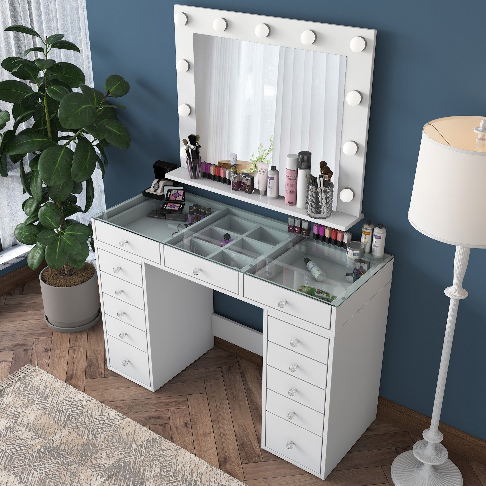Coiffeuse moderne avec miroir LED et dessus Transparent Beline L120cm ...