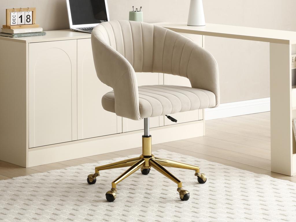 Chaise de bureau en velours - Beige et doré - Hauteur réglable ...