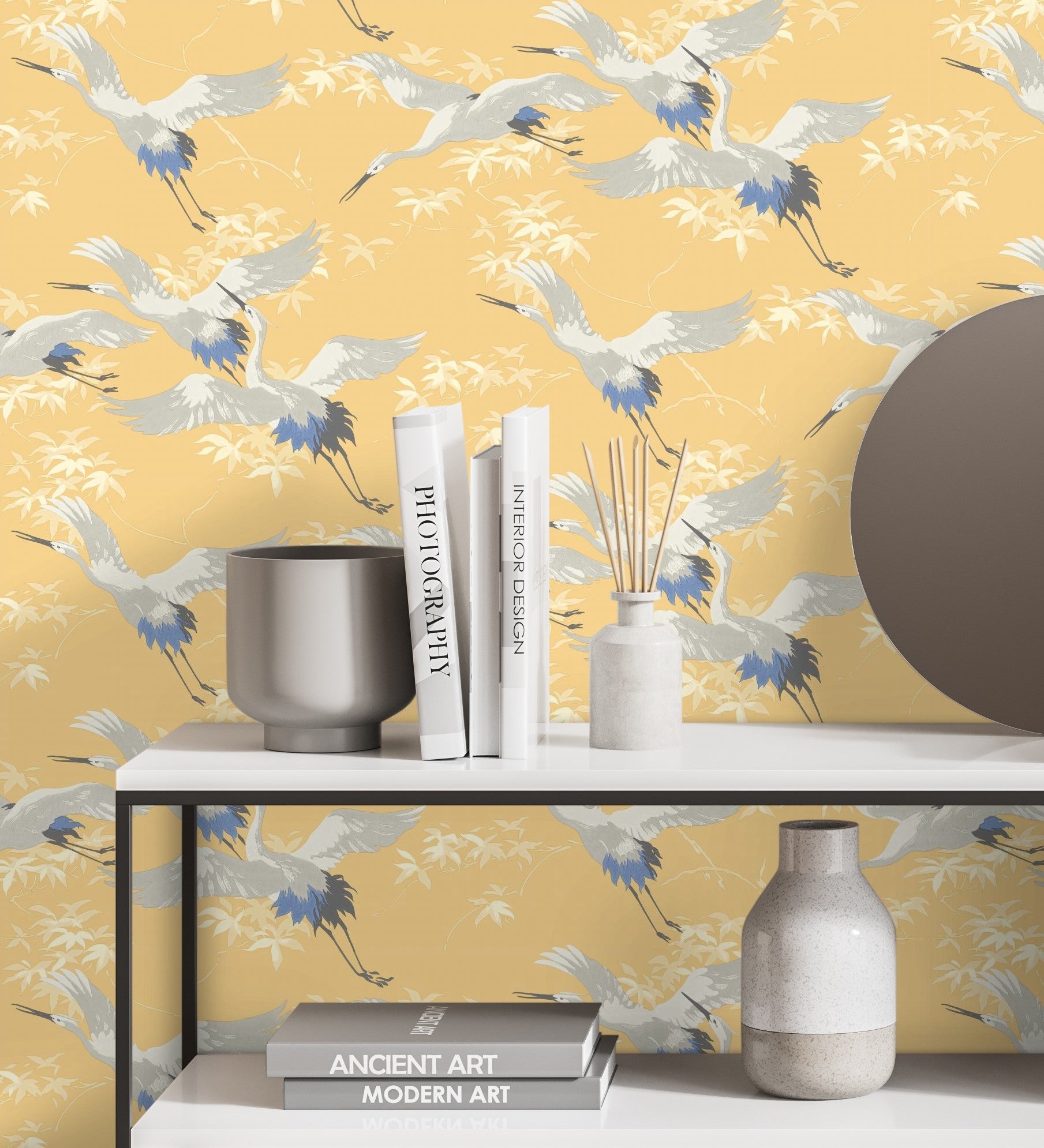 Papier peint lessivable oiseaux hérons cendrés style oriental sur fond ...