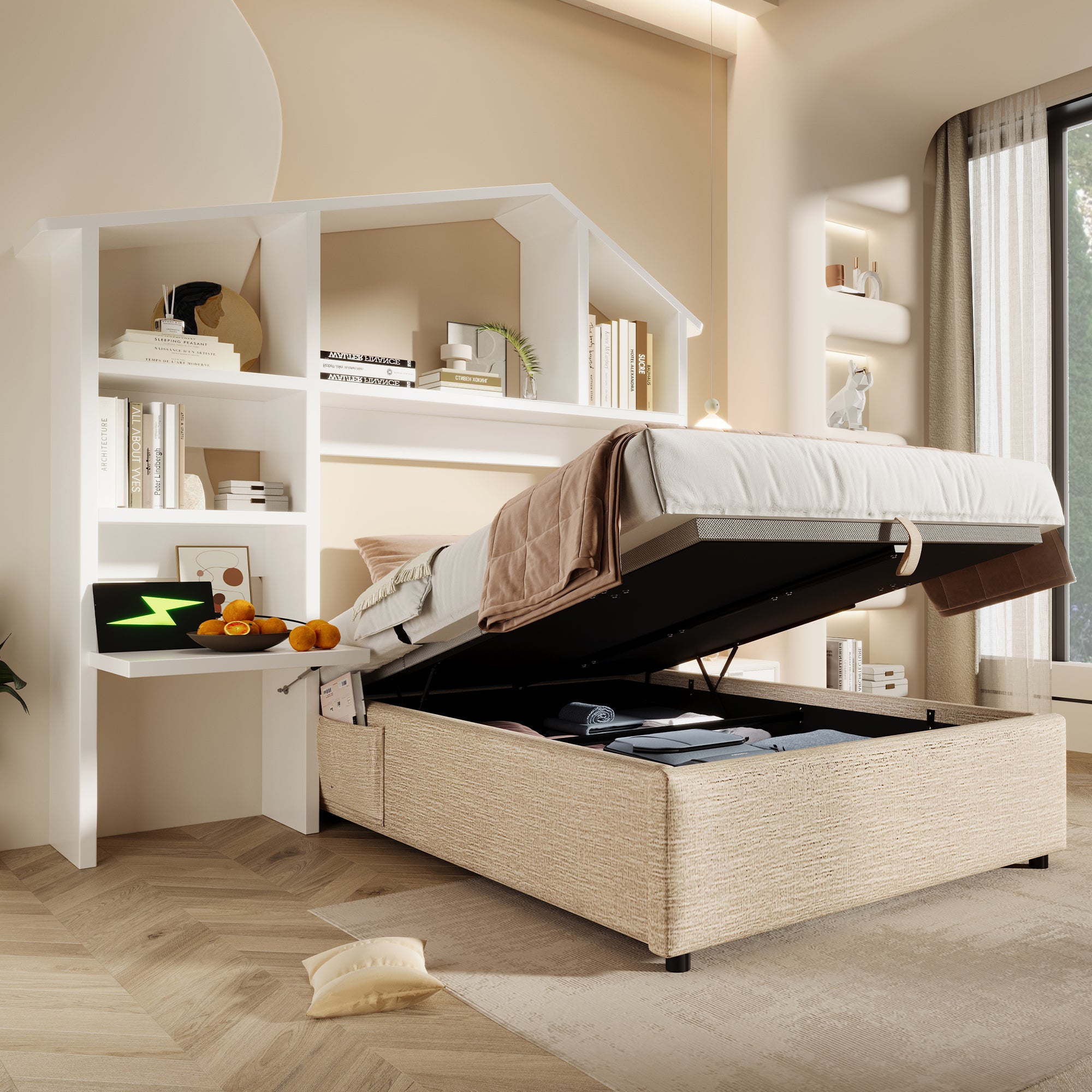 Lit capitonné 90 x 200 cm sans tête de lit - avec bibliothèque et ...