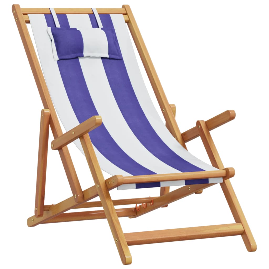 Chaise de plage pliante en bois d'eucalyptus massif et tissu bleu-blanc ...