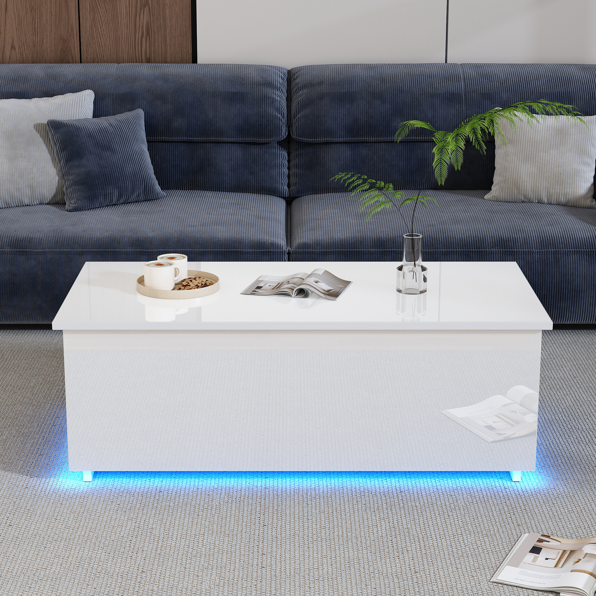 Table basse moderne 100x50x35 cm - avec éclairage LED - rangement caché ...