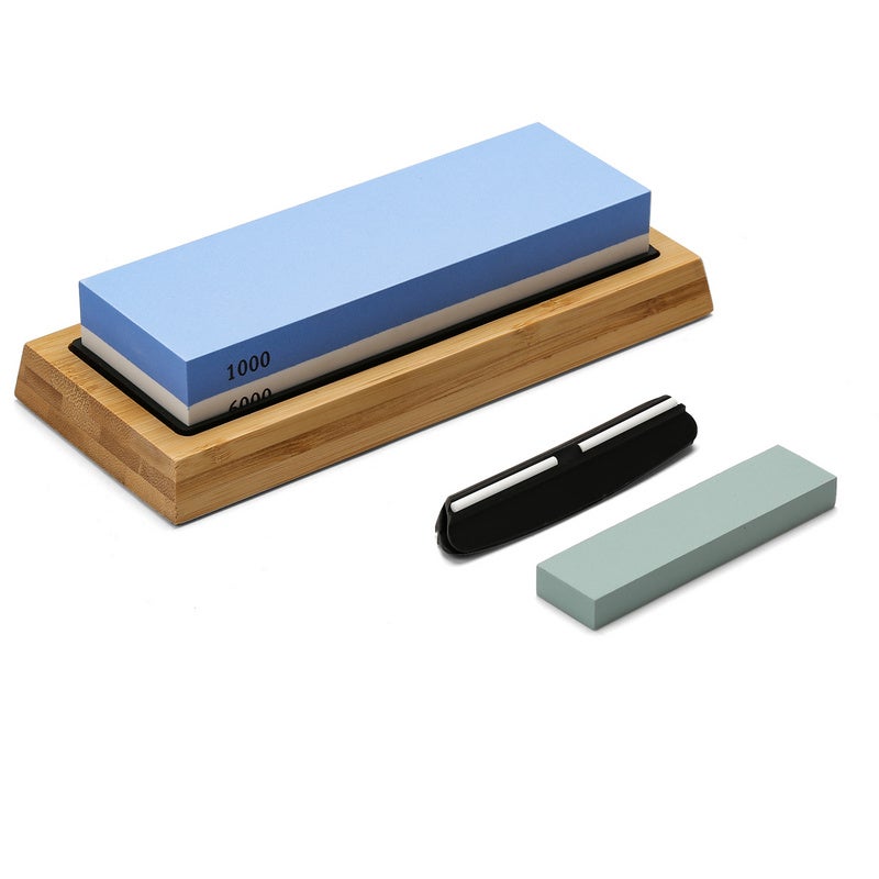 Pierre à Aiguiser 2 en 1 Aiguiseur Couteaux-Pierre à Aiguiser Base en Bambou Antidérapante 1000 ...