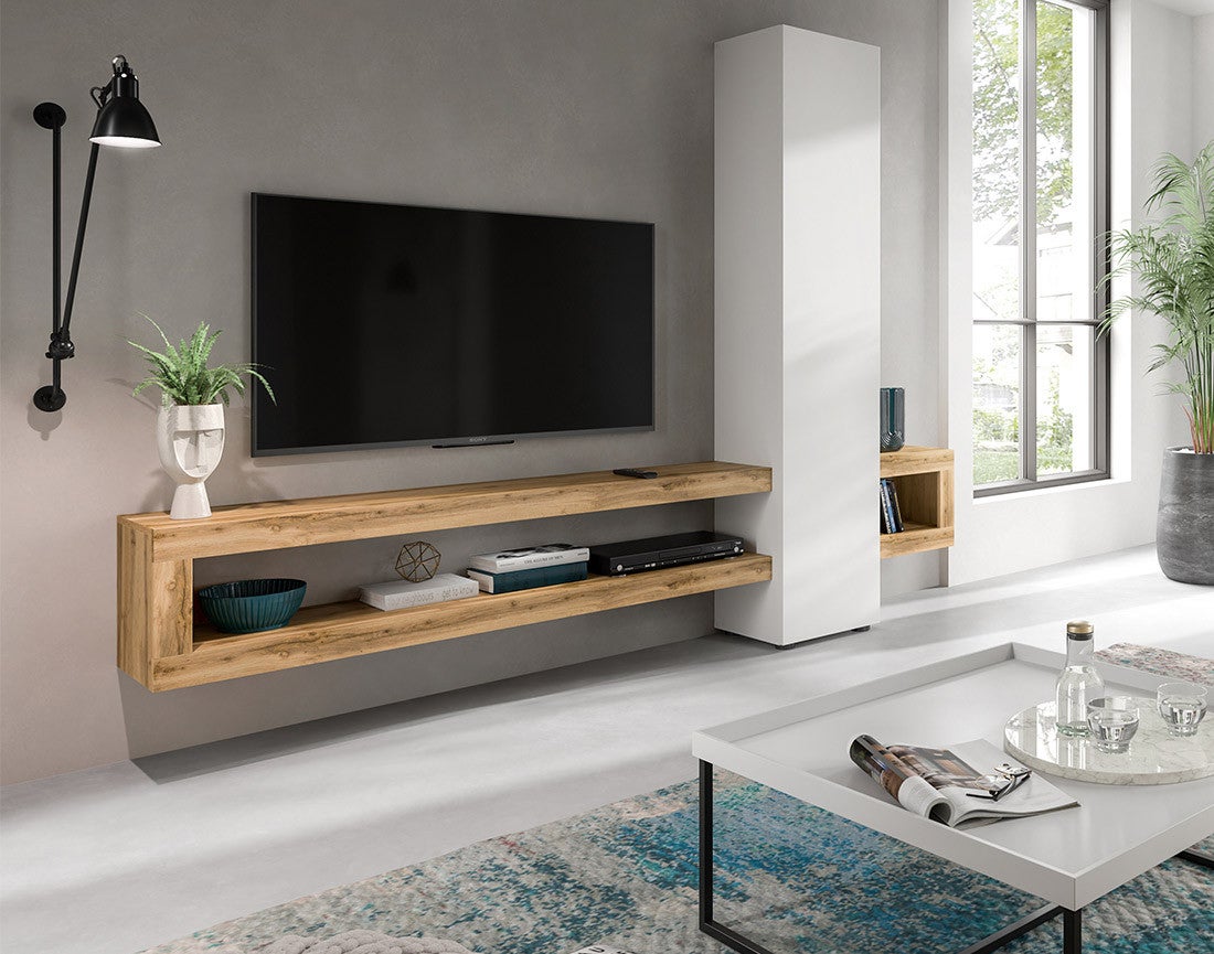 Meuble TV suspendu 1 porte 3 étagères effet bois et blanc L240cm ...