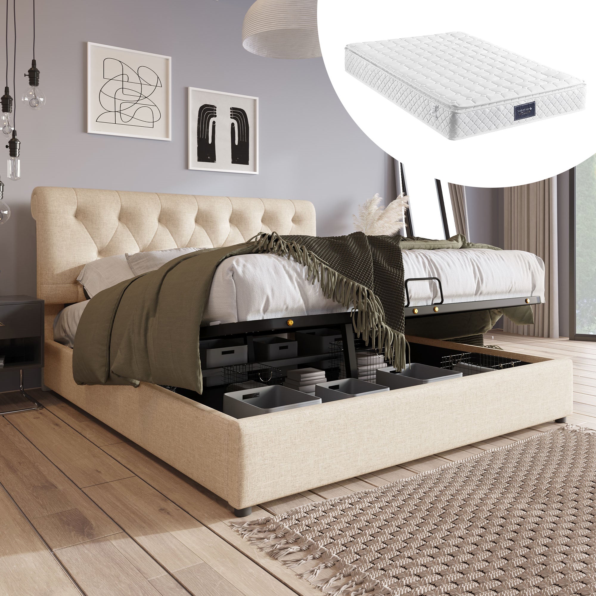 Lit adulte 160x200 cm avec tête de lit réglable et rangement en lin ...