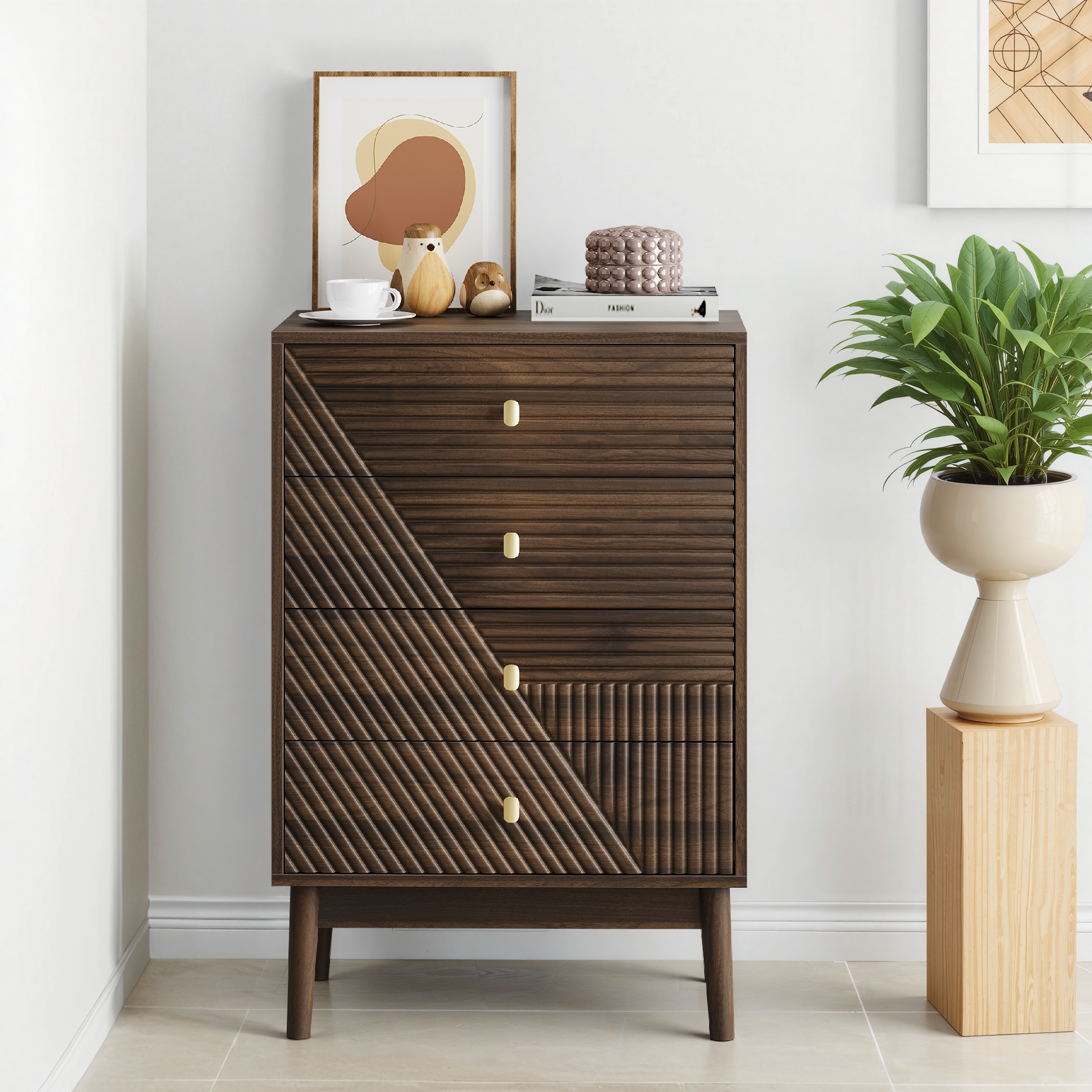 URBAN MEUBLE Commode style rétro 4 tiroirs avec design géométrique ...