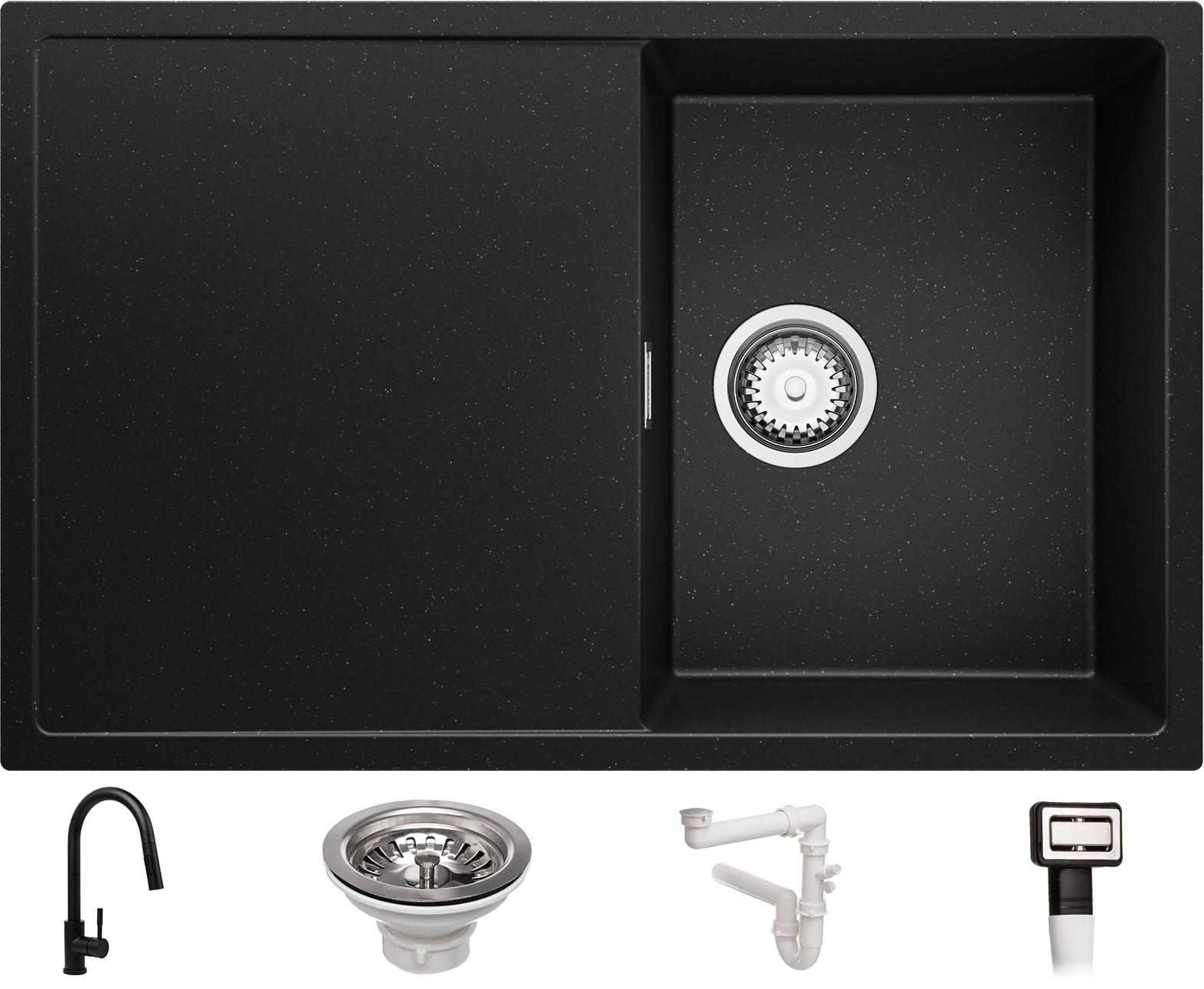 Evier Cuisine en Granit Noir Métallisé 78x50cm, Lavabo 1 bac + Kit de ...