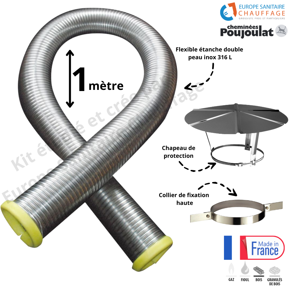 Kit tubage flexible double peau inox diamètre 200 + collier de fixation ...
