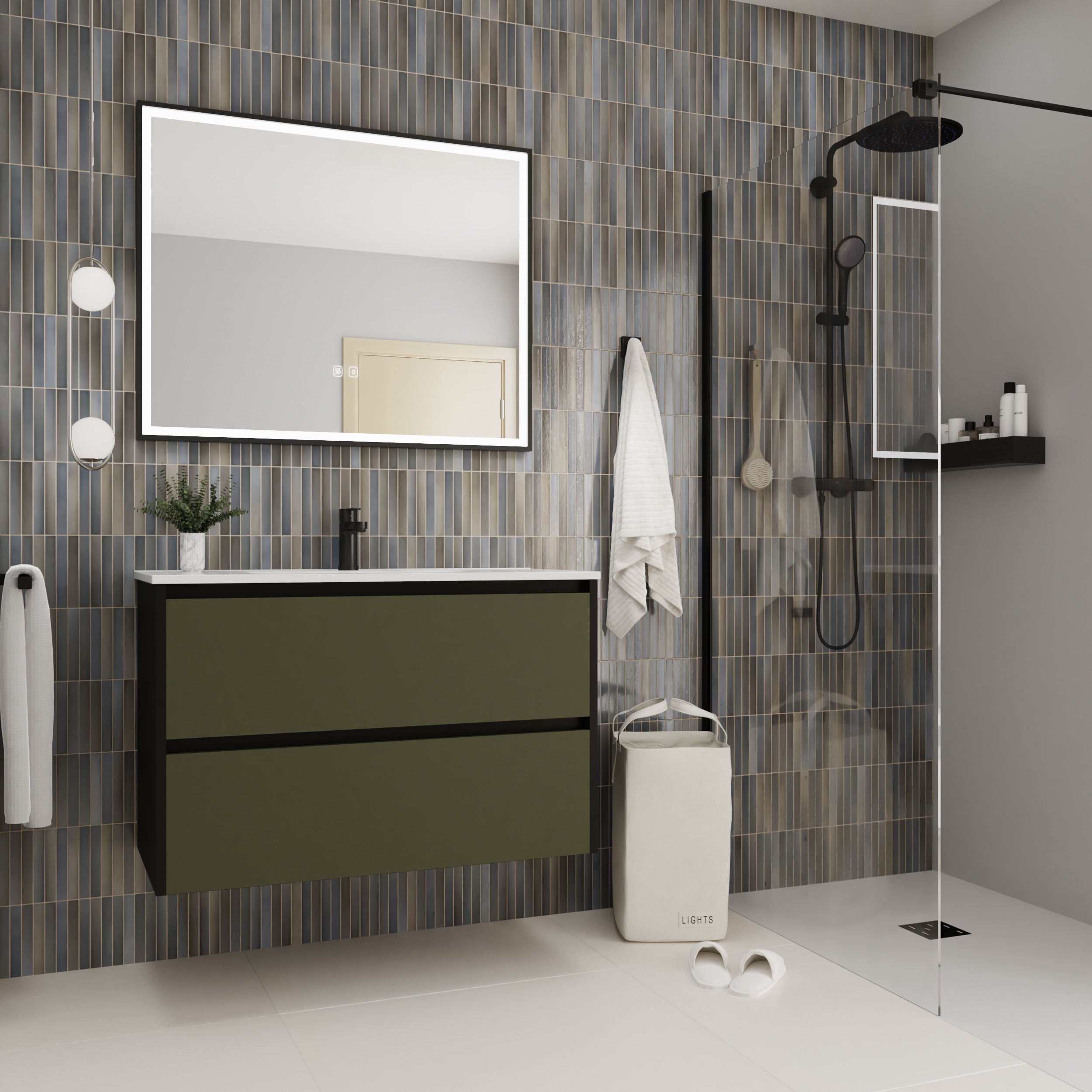 MEUBLE SALLE BAIN NEUSS|100 CM OLIVE|2 TIROIRS AVEC PLAN DE TRAVAIL ...