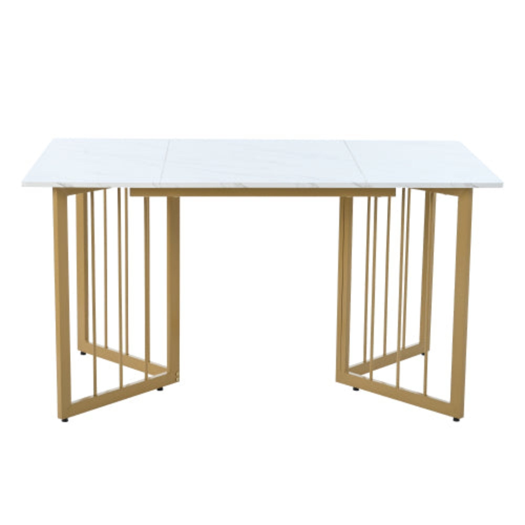 Luxe Dining Table-White Marble Pattern, V-Shaped Metal Legs, Golden ...