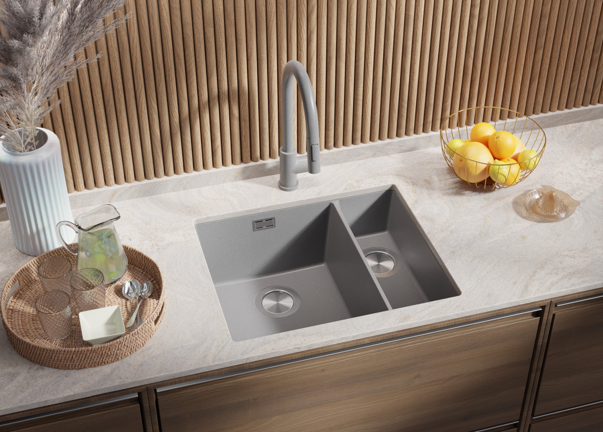Evier Sous Plan Gris 56x47cm, Evier en Granit 1,5 bacs + Kit de Vidage ...