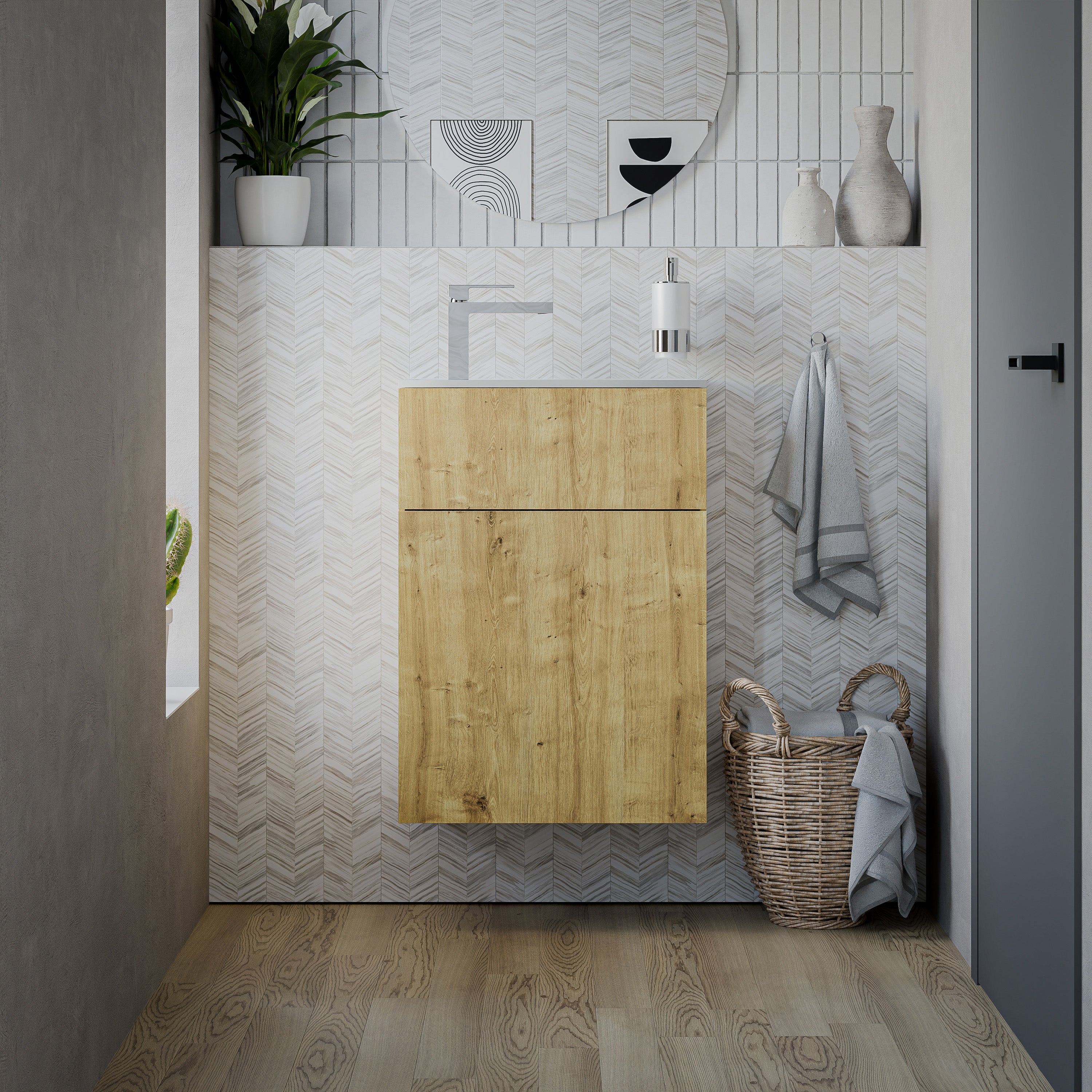 BERNSTEIN - Meuble vasque suspendu MDF Chêne miel, lavabo Blanc mat ...