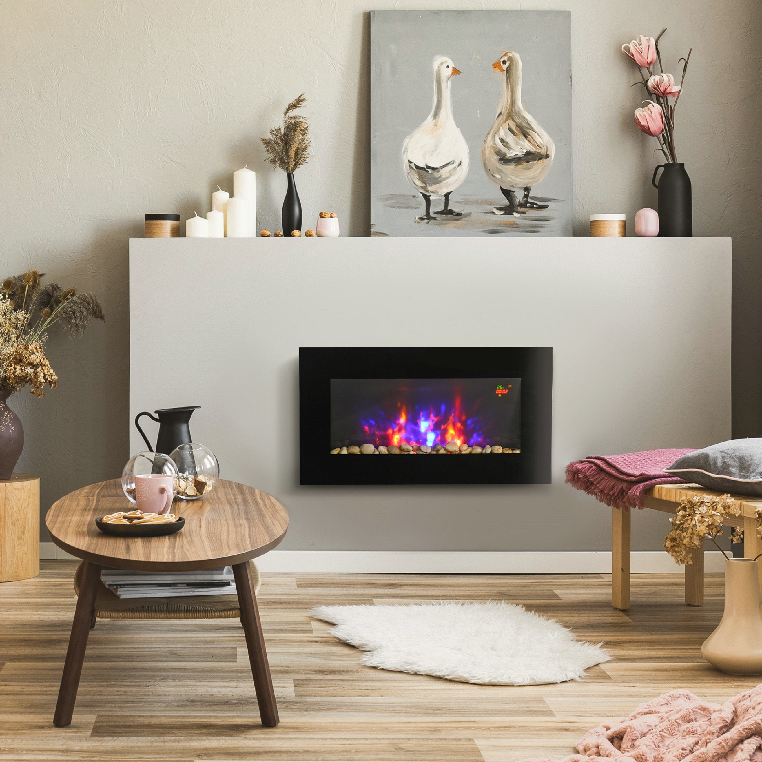 Cheminée électrique murale avec effet flamme LED, 1000/2000 W ...