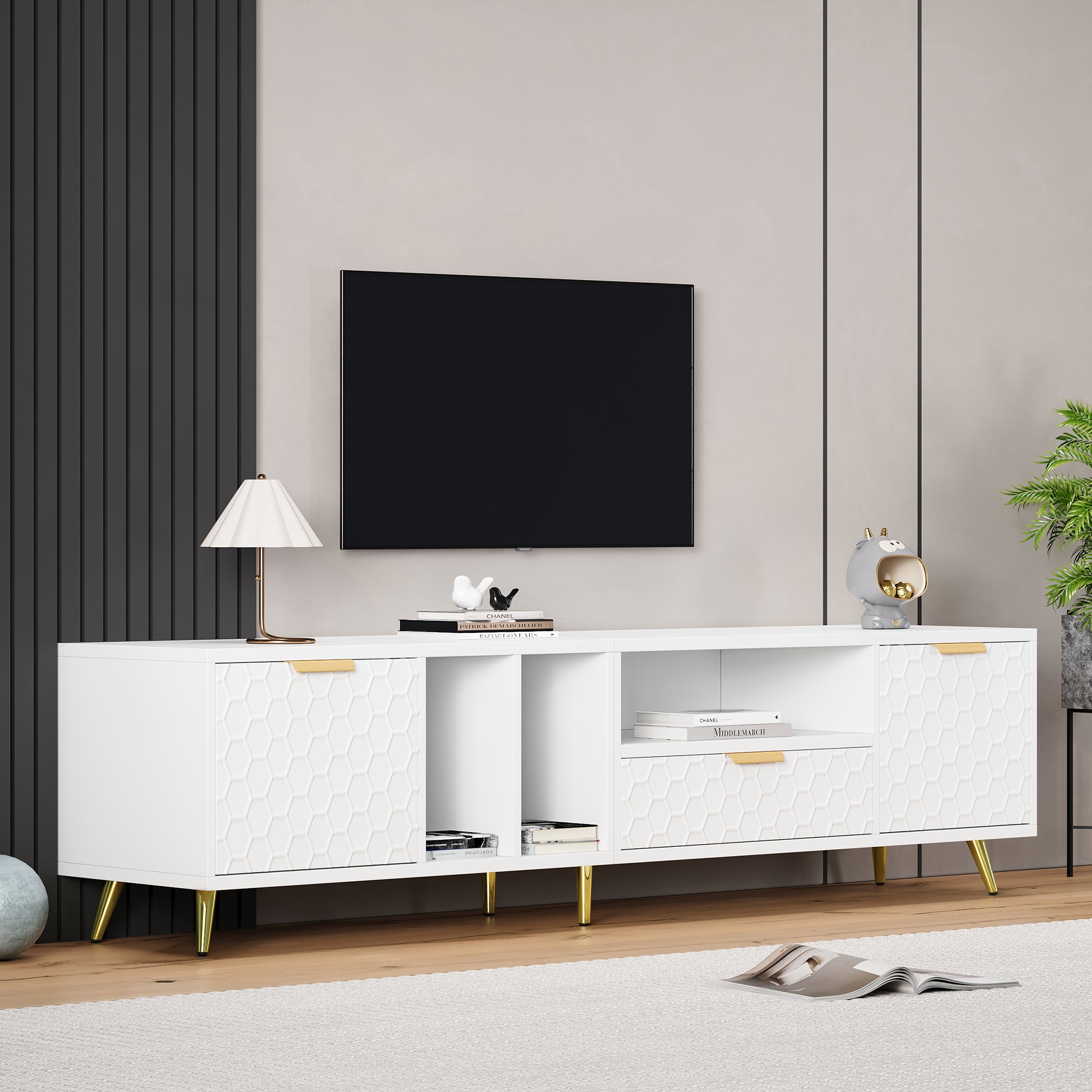 Mueble TV moderno de 170 cm - 4 cajones y 4 compartimentos - Blanco y ...