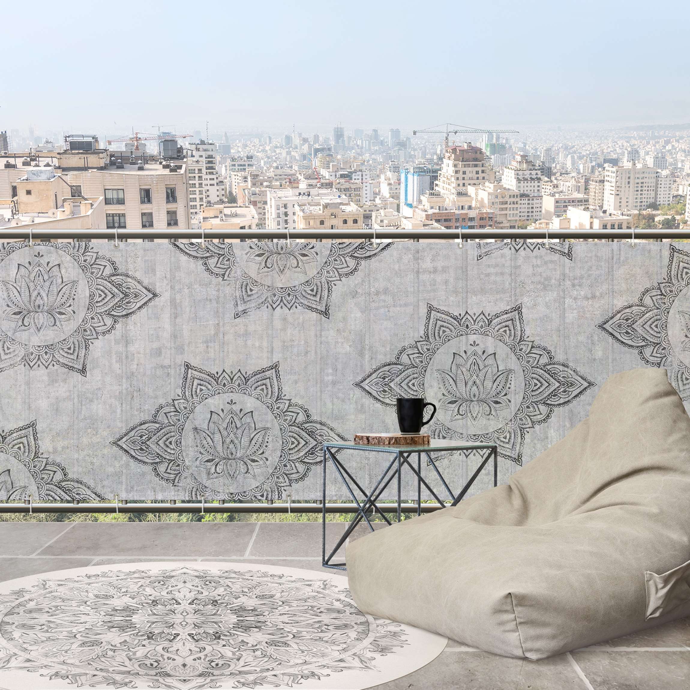 Pantalla de privacidad para balcón - Mandala Lotus Concrete Look 100 x ...