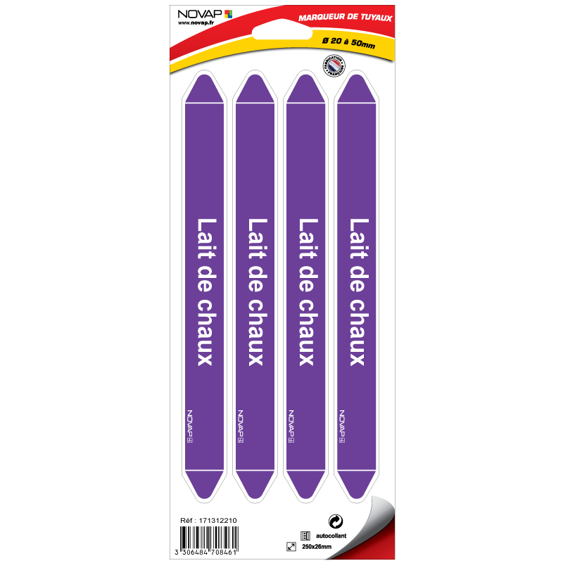 Planche de 4 marqueurs de tuyauterie 250 x 26 mm pour Ø 20 à 50 mm ...