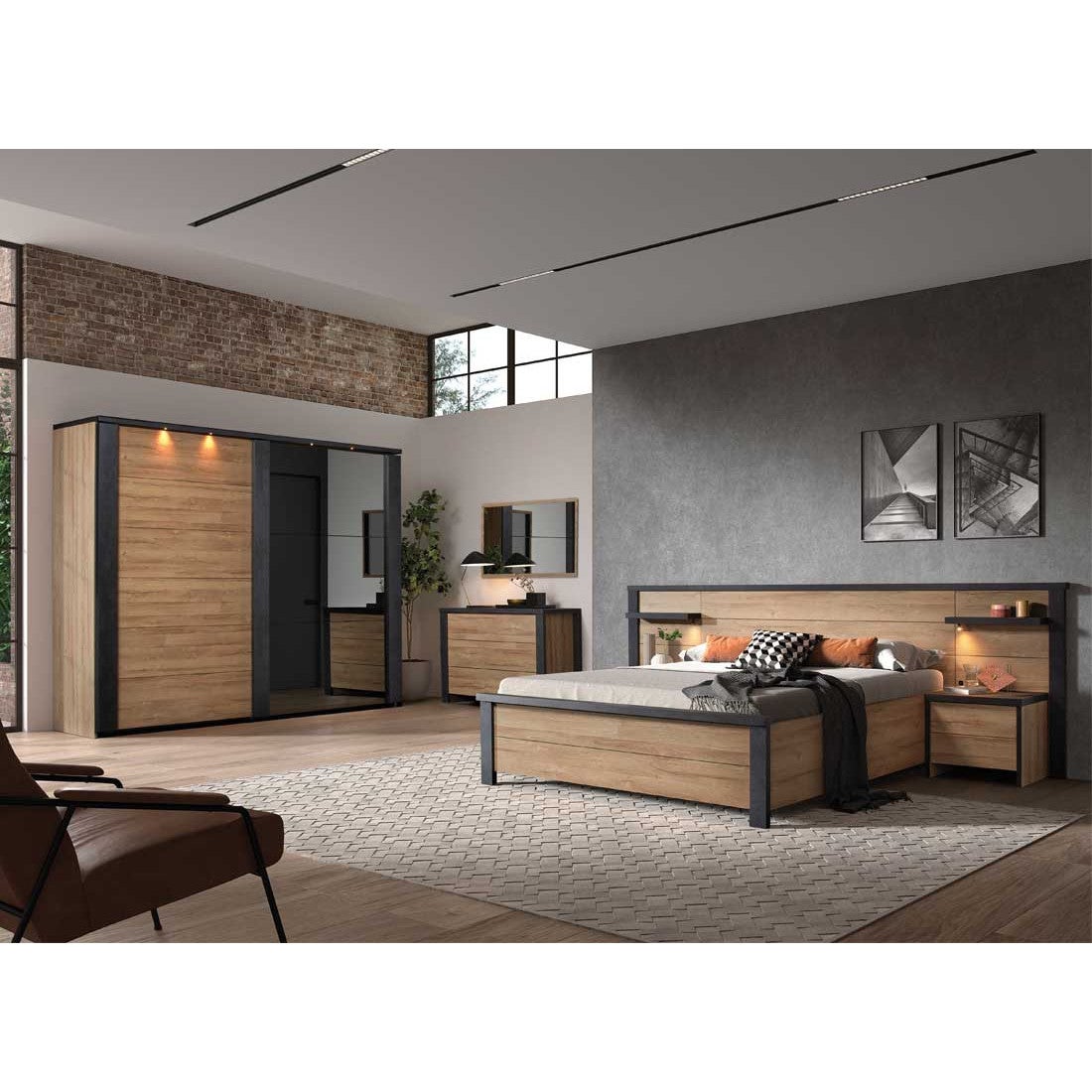 Chambre complète 140X190 Chêne naturel/Noir - ZEUS | Leroy Merlin