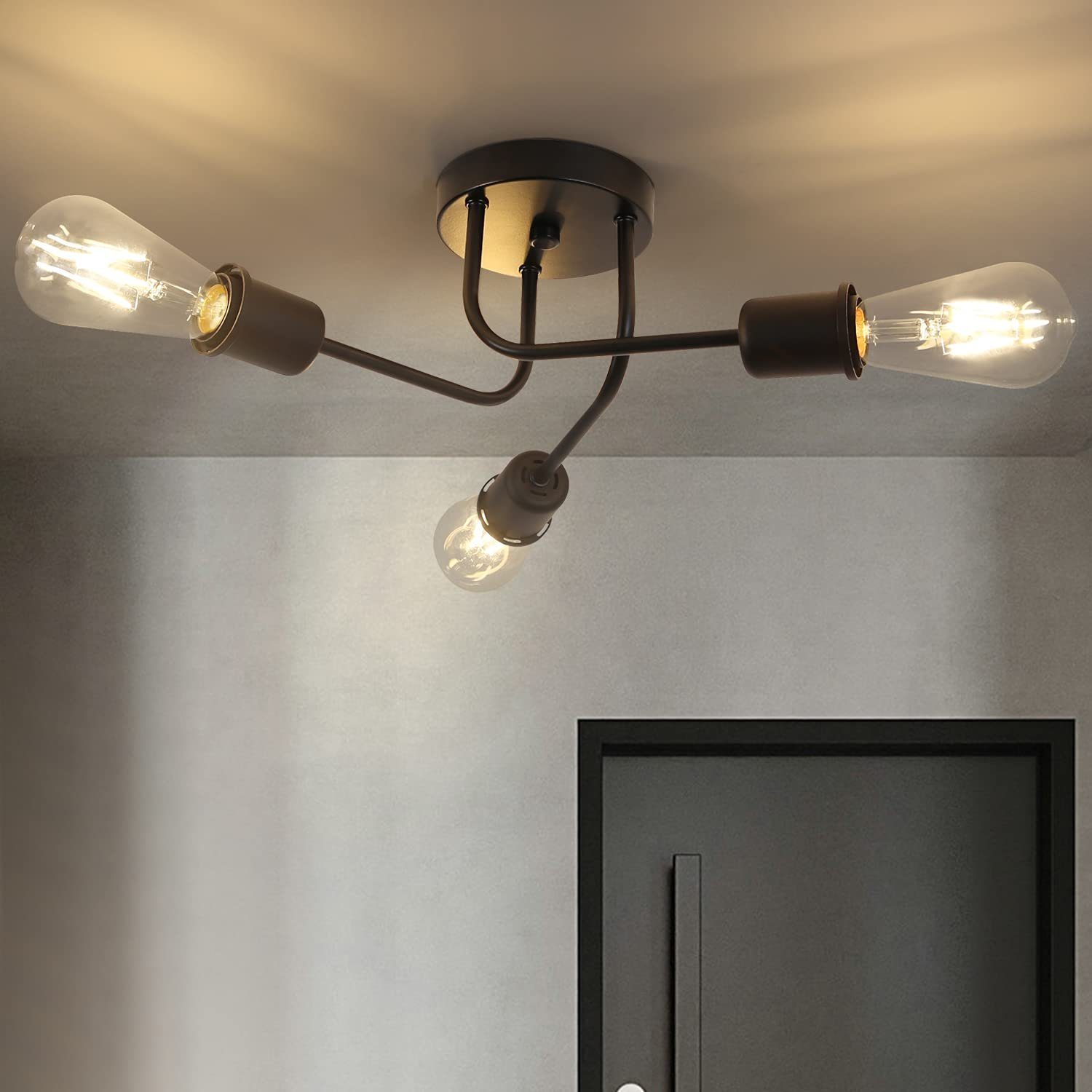 ZMH Plafón negro de 3 cabezas, max. 25W E27, estilo retro, para salón ...