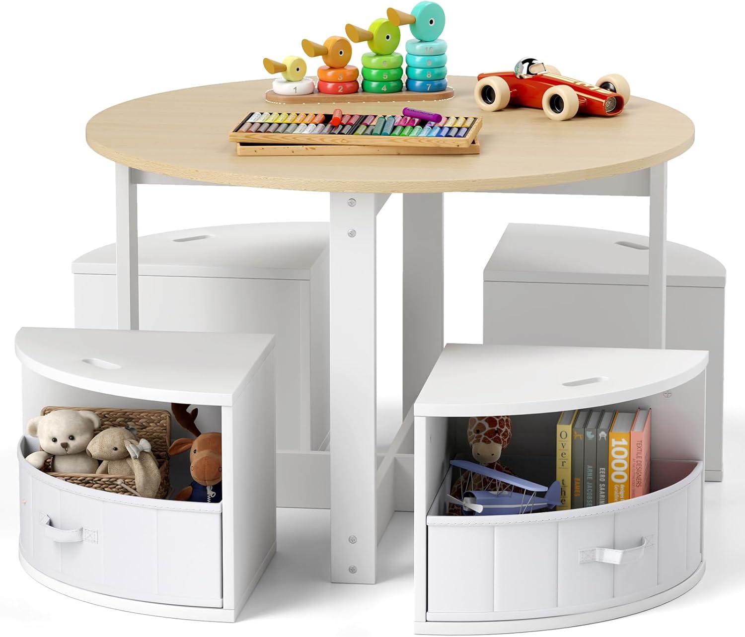 Table Enfant avec 4 Chaises Empilables, 4 Tiroirs en Tissu Pliable ...