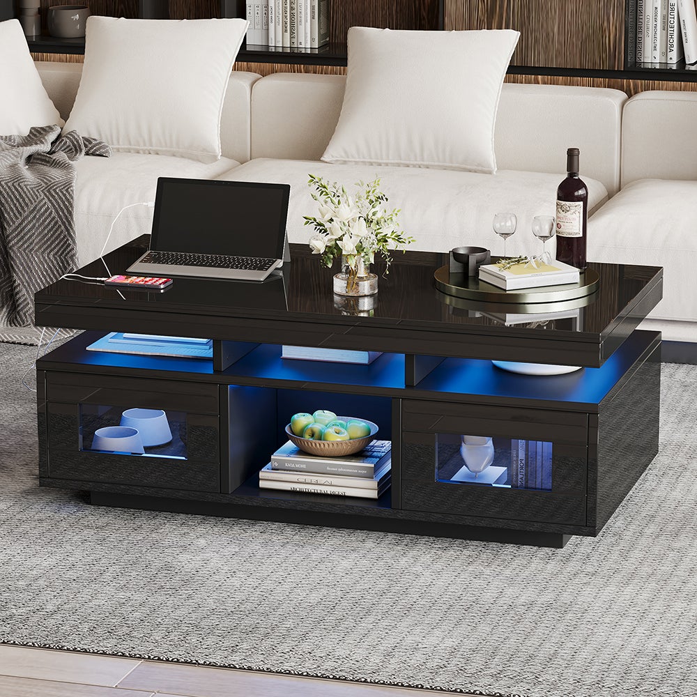 Table basse noire brillante 100x50x43cm, LEDs app, armoire, recharge ...