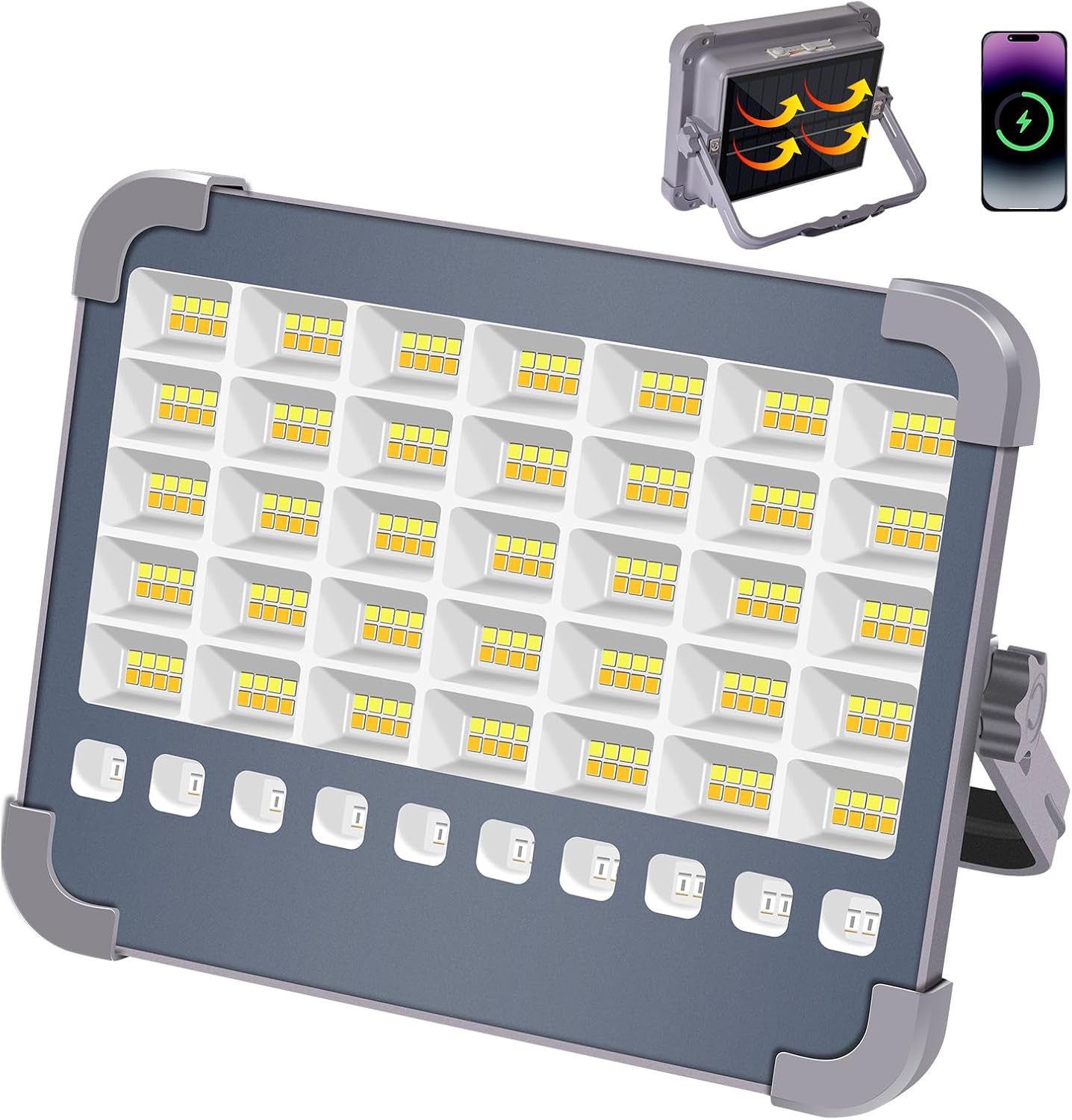 Projecteur LED Rechargeable 100W 10000lm avec Panneau Solaire 5 Modes ...