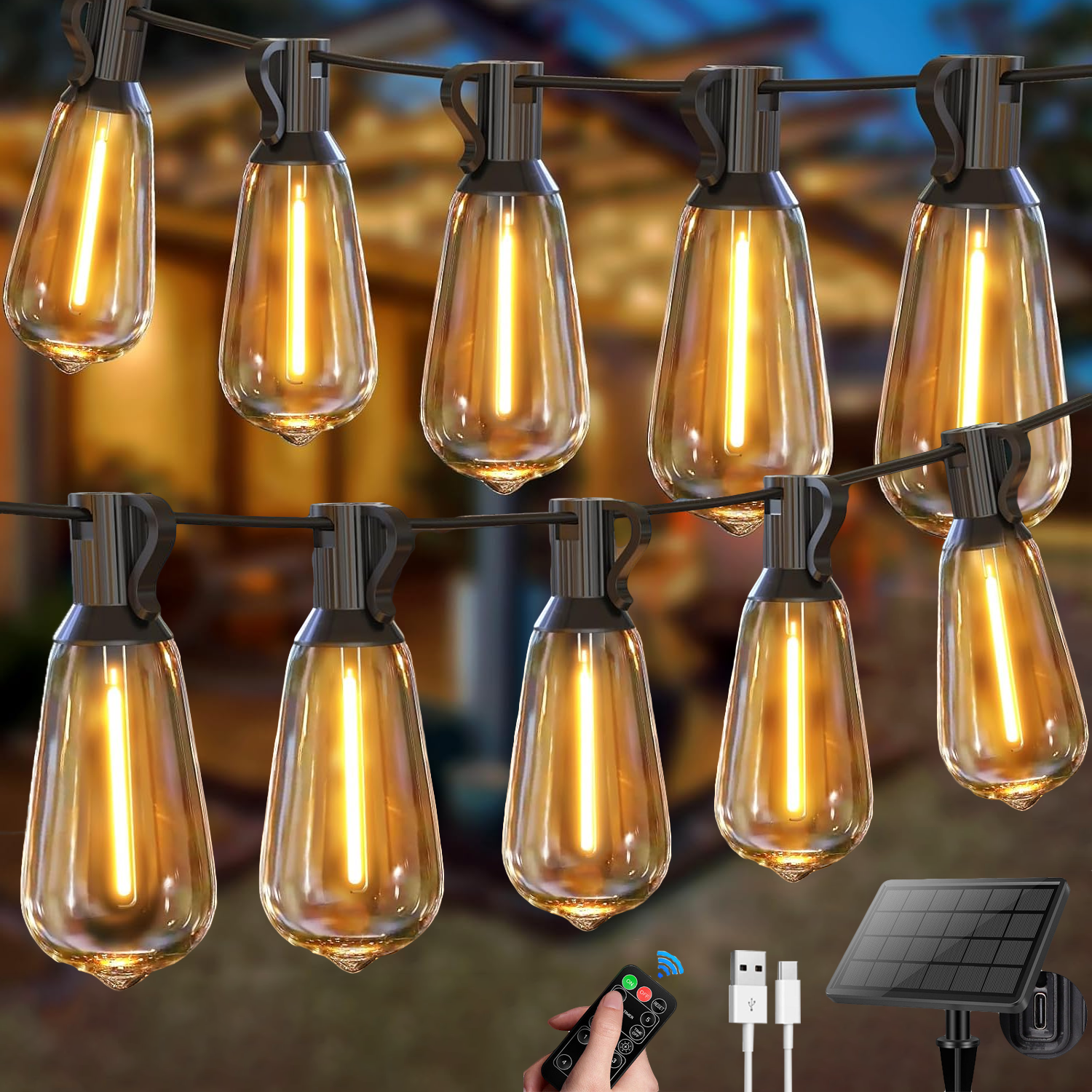 Catena di luci solari da esterno da 10 m, Luce da giardino ricaricabile tramite USB con ...