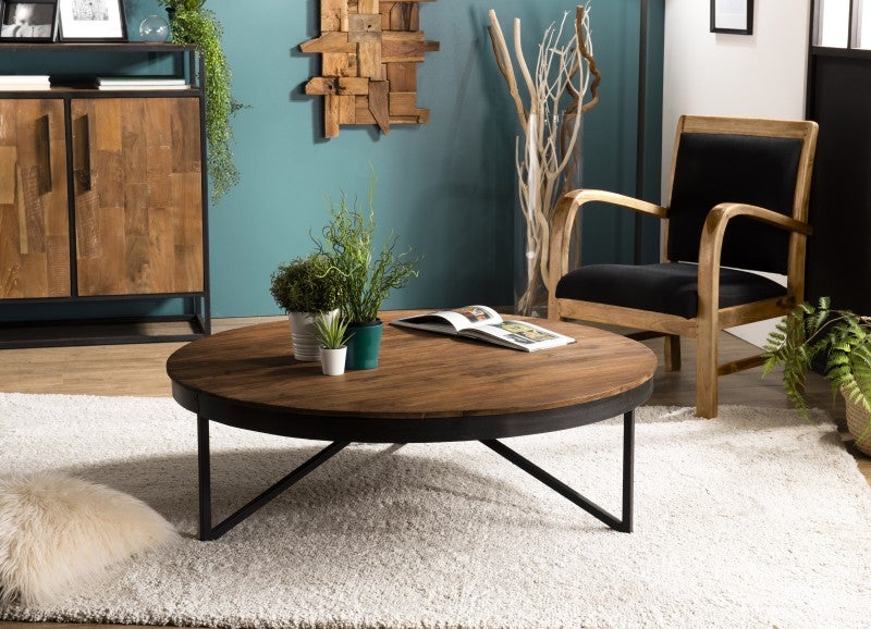 SIXTINE - Table basse ronde diam110 plateau bois teck recyclé marron ...