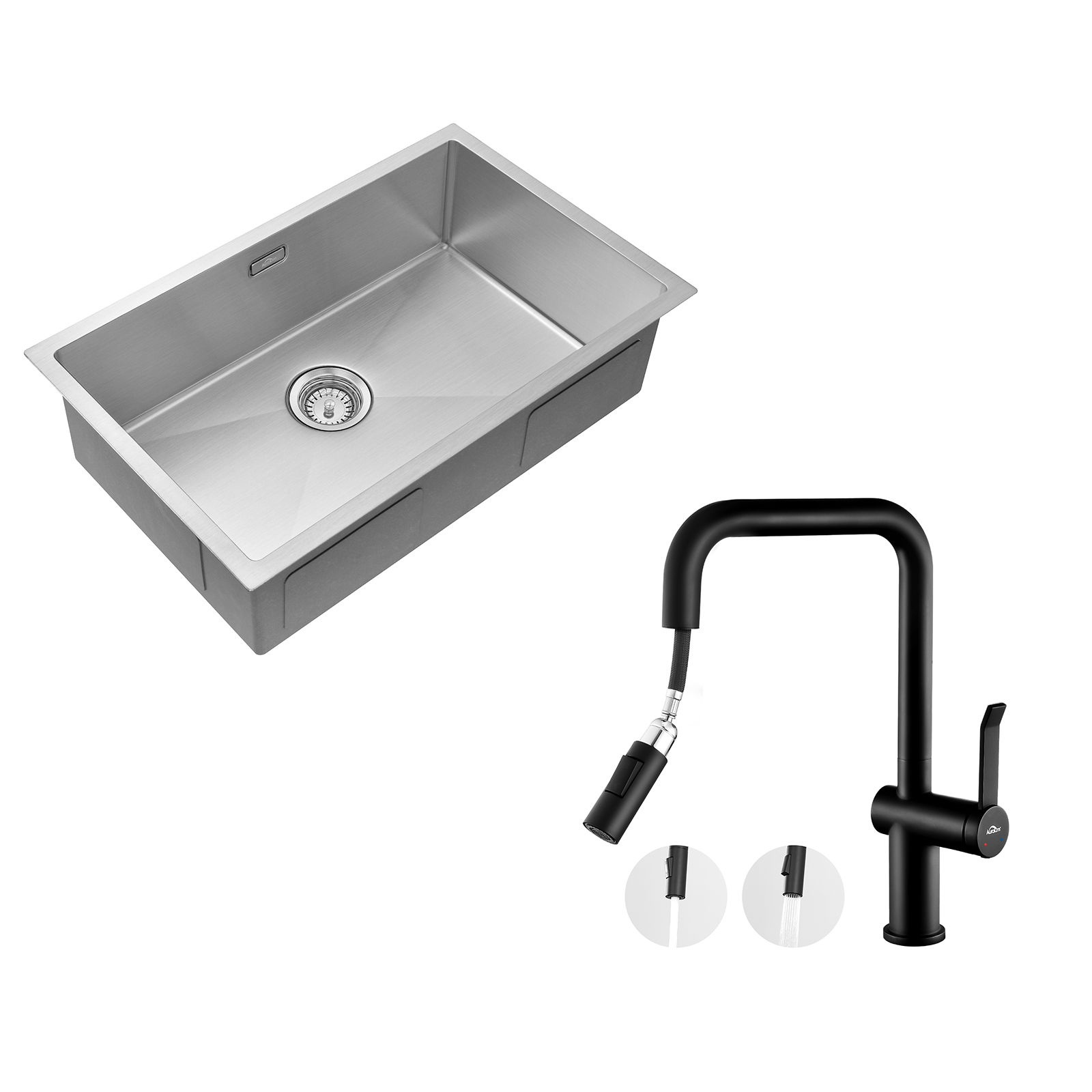 Fregadero de cocina Cepillado 70*44*19cm inox+Grifo de Cocina con Ducha ...