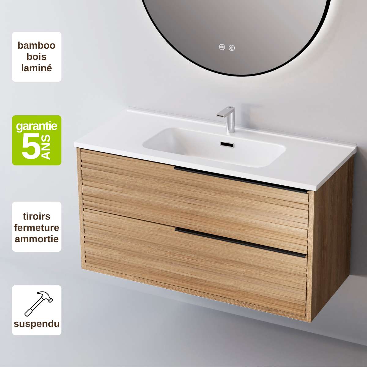 Meuble de salle de bain plan vasque Solide Surface, 2 Tiroirs ...