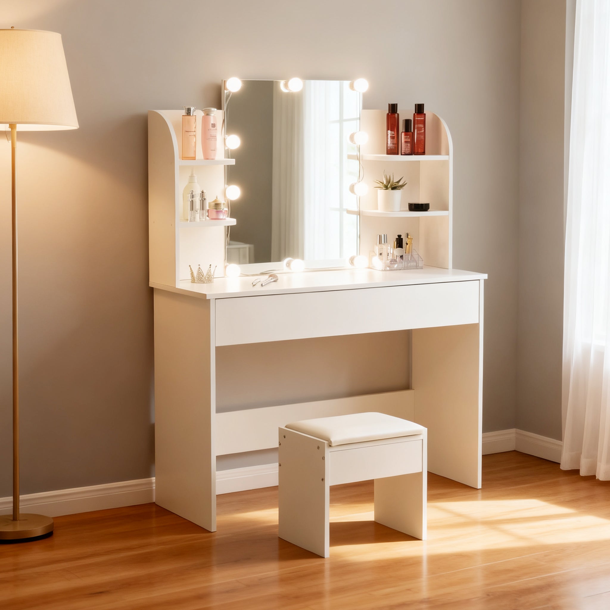 Coiffeuse avec miroir LED en panneaux de particules et métal Blanc H ...