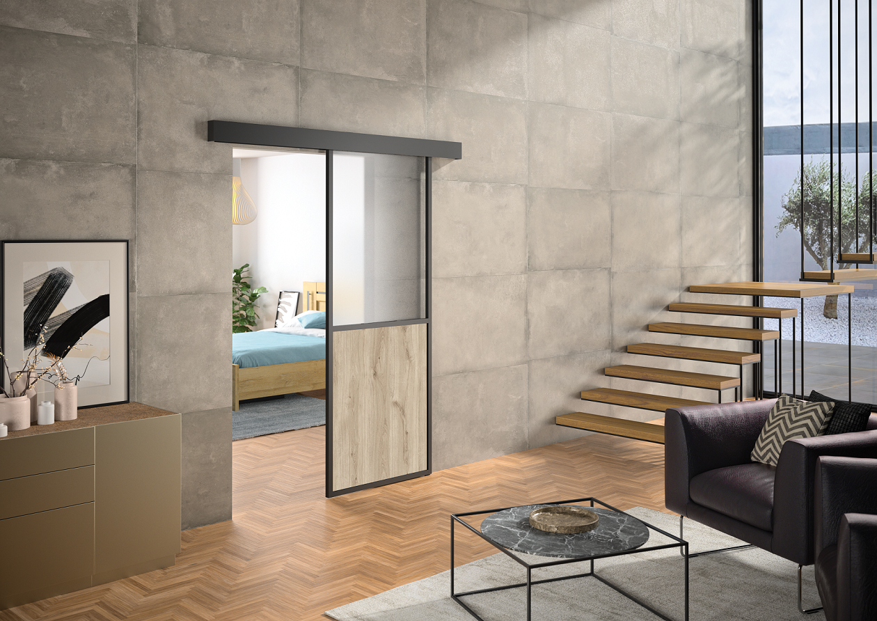 Kit porte en applique Contemporain noire chêne terra cadre aluminium ...