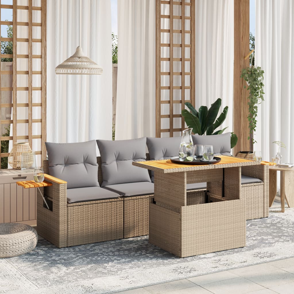 Muebles de jardín con cojines 5 piezas resina tejida beige | Leroy Merlin