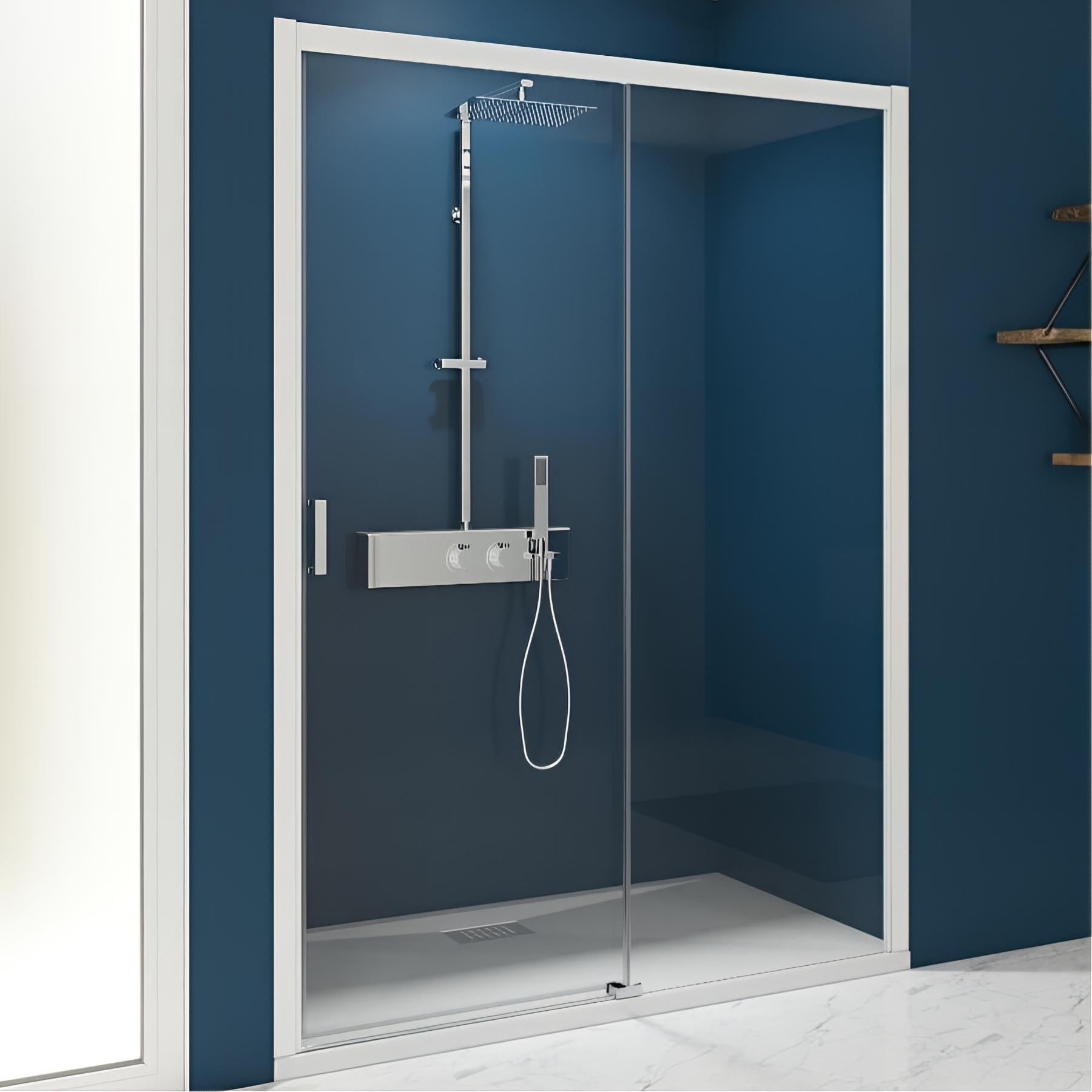 Pared de ducha deslizante sin umbral (SMP) ancho 140 cm altura 190 cm perfil blanco transparente ...